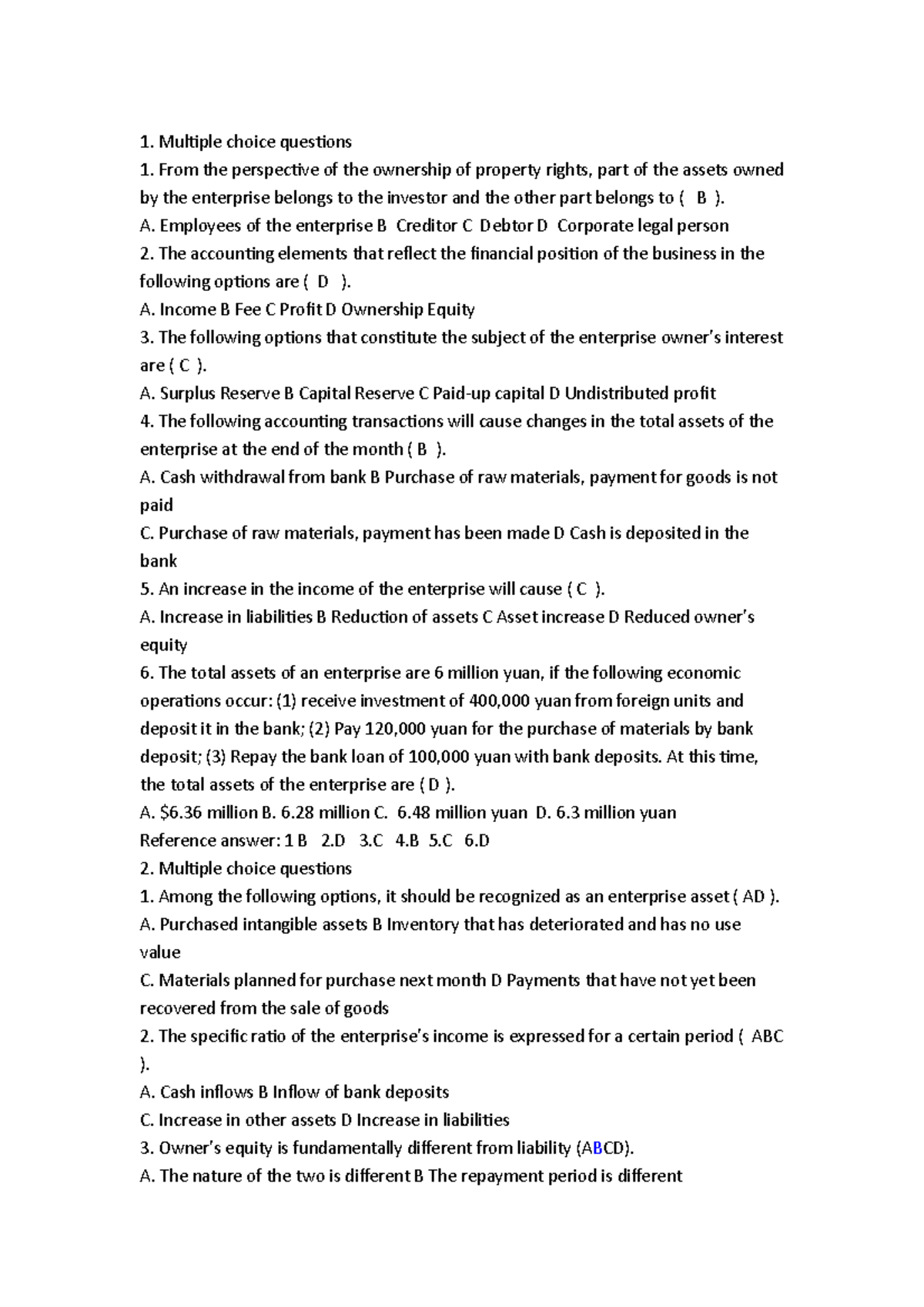 ACC 101 Multiple choice questions - Multiple choice questions From the ...