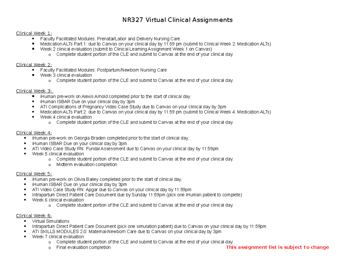 NR327 Virtual Clinical Assignments updated 2 - NR327 Virtual Clinical ...