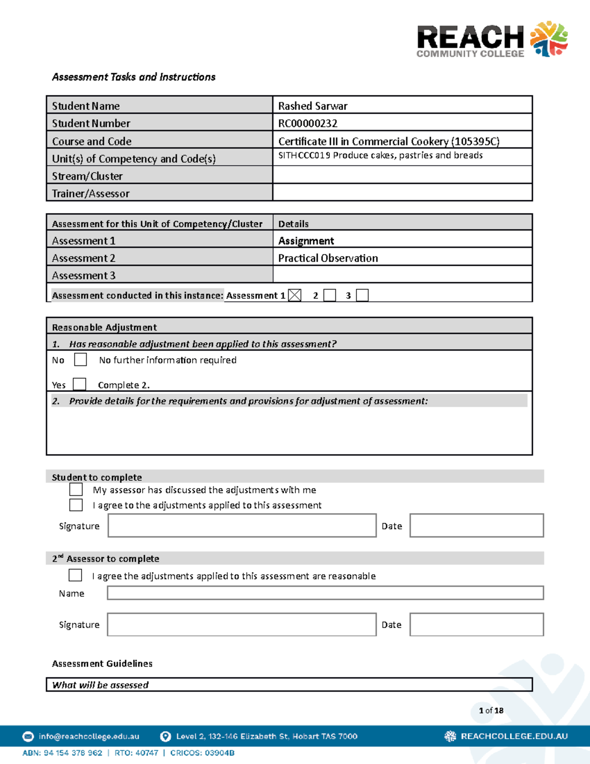 Sithccc 019 Assessment 1 -Assignment - Assessment Tasks and ...