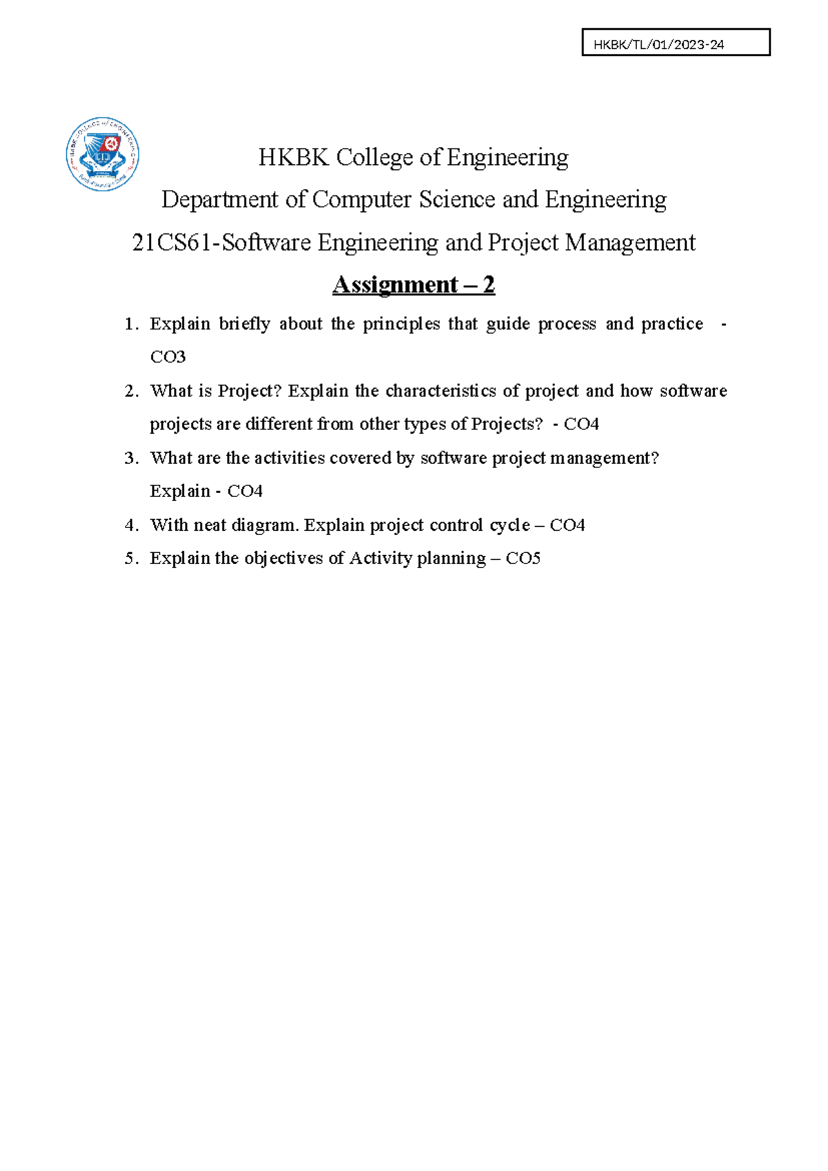 21CS61-Assignment 2 - Assignment questions - HKBK/TL/01/2023- HKBK College of Engineering ...