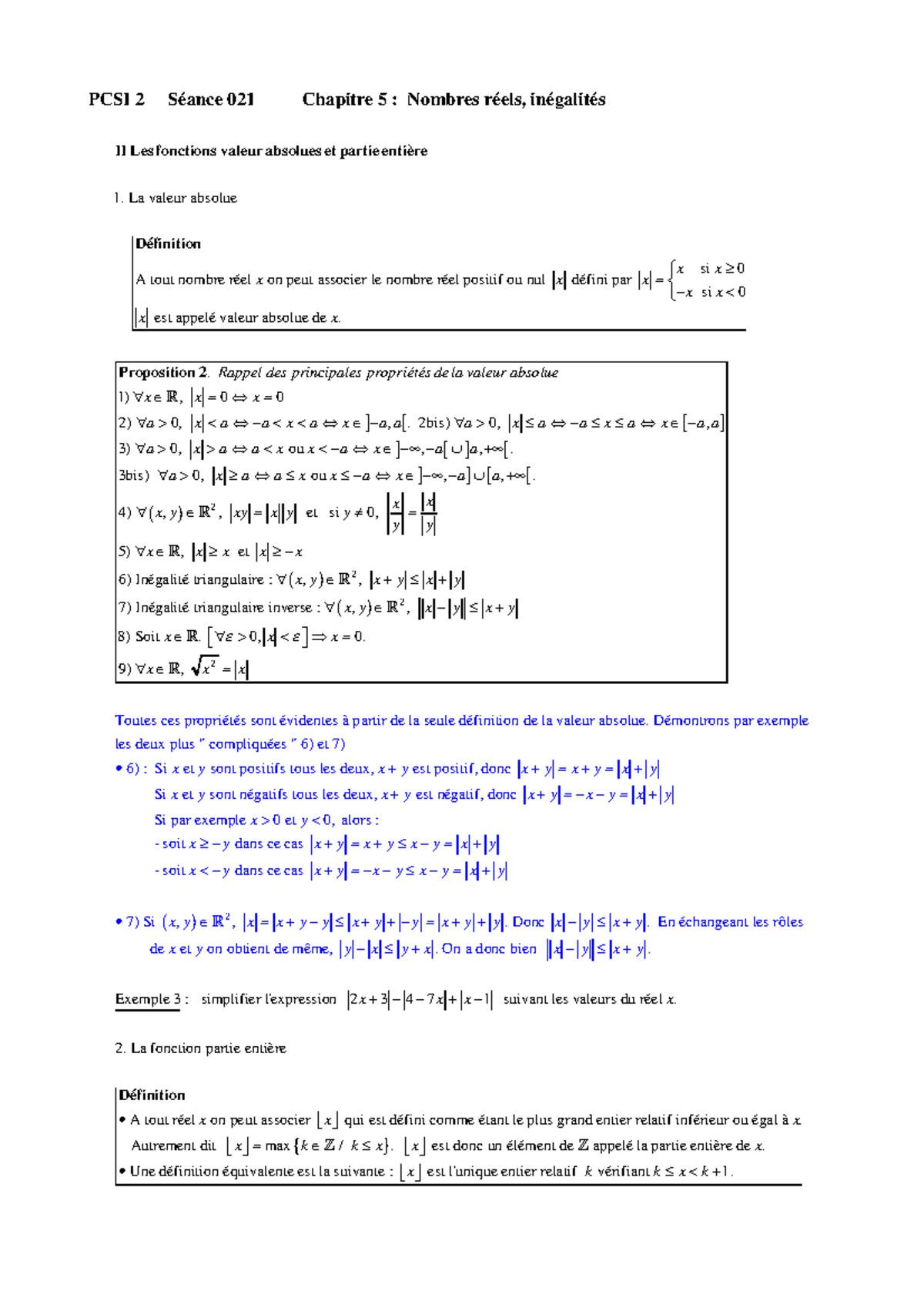 Nombres réels inégalités/Fonction valeure absolue et partie entière ...