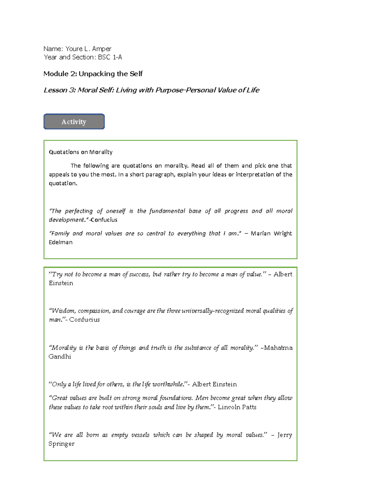 GE1 Module 2 Lesson 3 Activity - Name: Youre L. Amper Year and Section ...