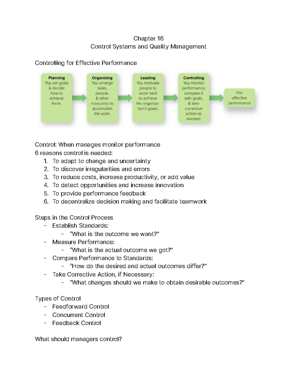 Chapter 16- Management - Chapter 16 Control Systems and Quality ...