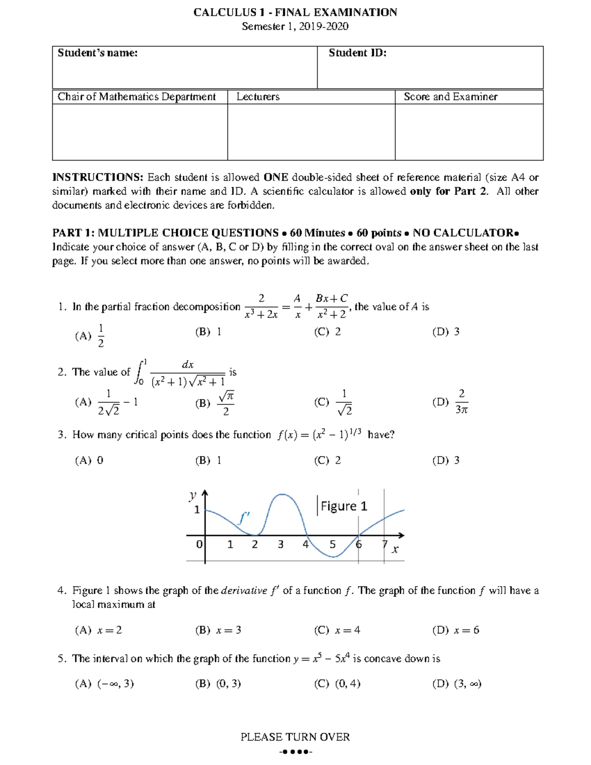 2019-2020 key - n/a - CALCULUS 1 - FINAL EXAMINATION Semester 1, 2019 ...