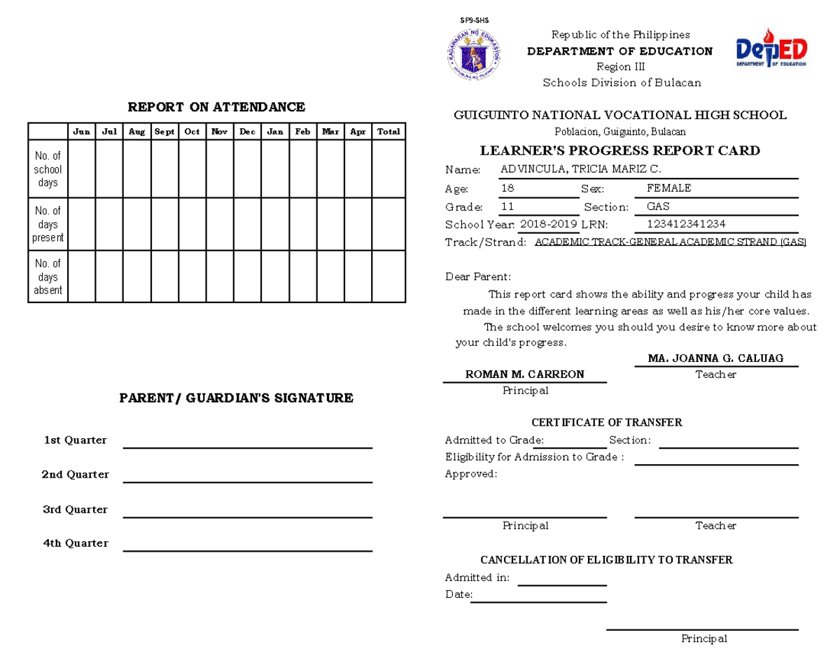 468305334 SHS Report CARD Grade 11 xls - Republic of the Philippines ...