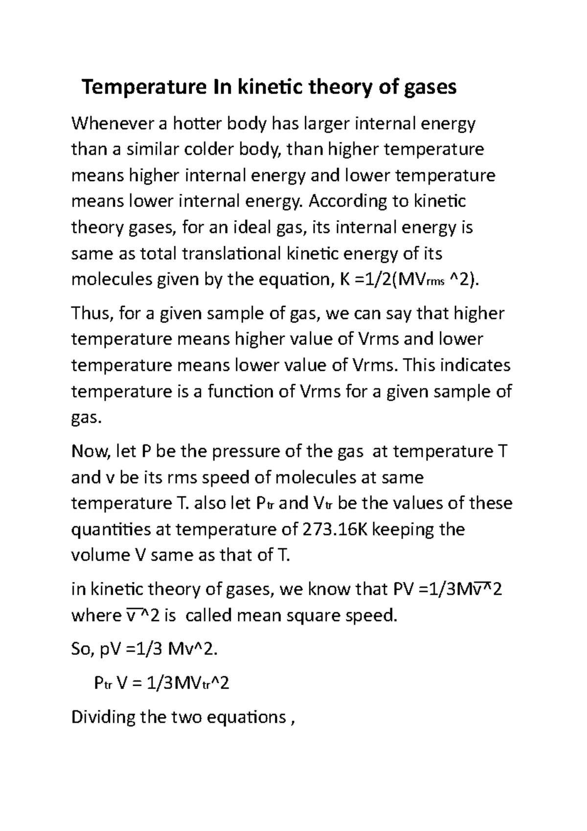 TEMERATURE IN KINETIC THEORY OF GASES - Thermal Physics - Studocu