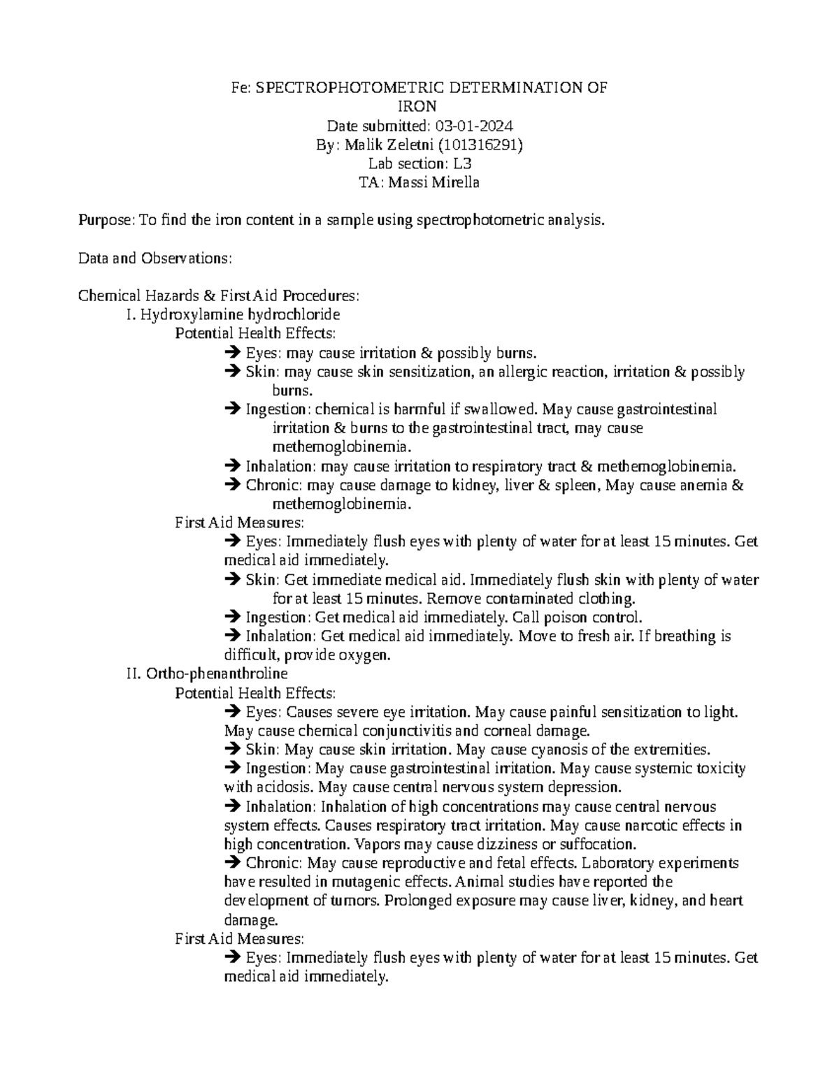 Fe pre-lab 2023/2024 - Fe: SPECTROPHOTOMETRIC DETERMINATION OF IRON ...
