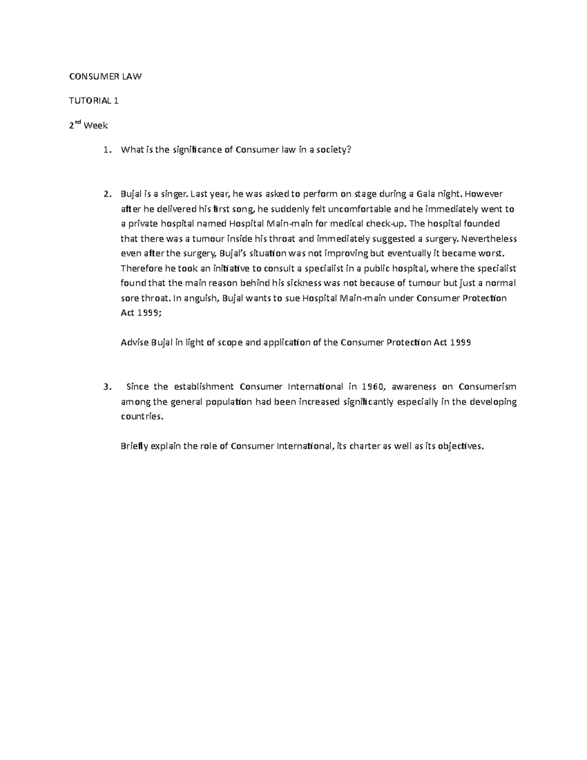 270215 1st Tutorial Consumer Q - CONSUMER LAW TUTORIAL 1 2 nd Week What ...