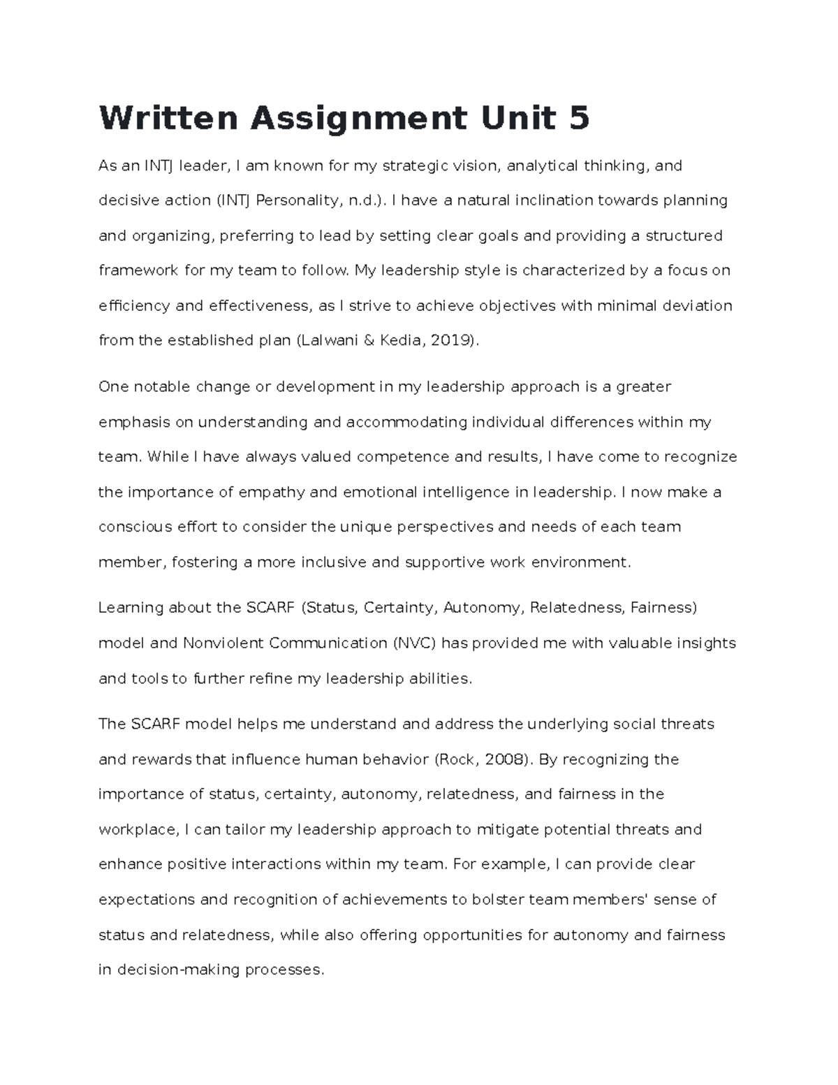 Written Assignment Unit 5 - ). I have a natural inclination towards planning and organizing ...