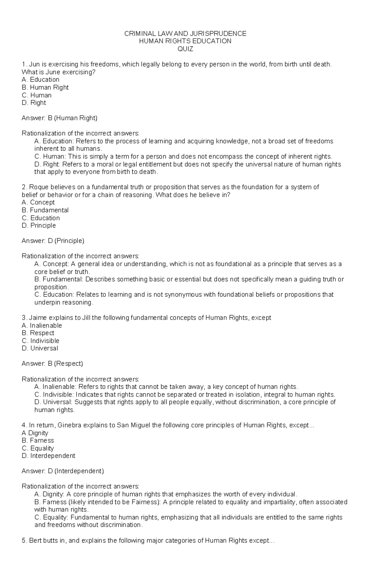 Human Rights-QUIZ - CRIMINAL LAW AND JURISPRUDENCE HUMAN RIGHTS ...