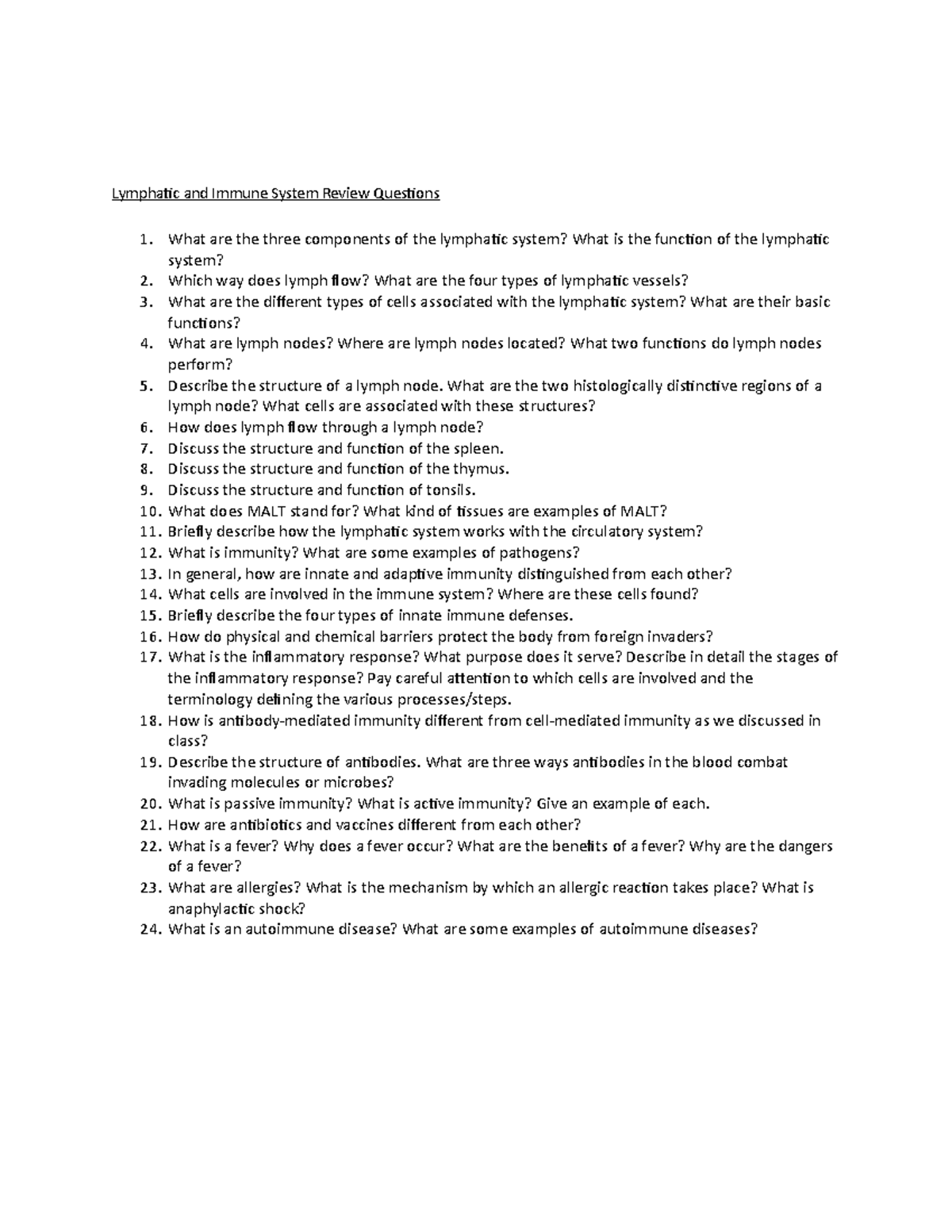 Lymphatic System Review Questions - Lymphatic and Immune System Review ...