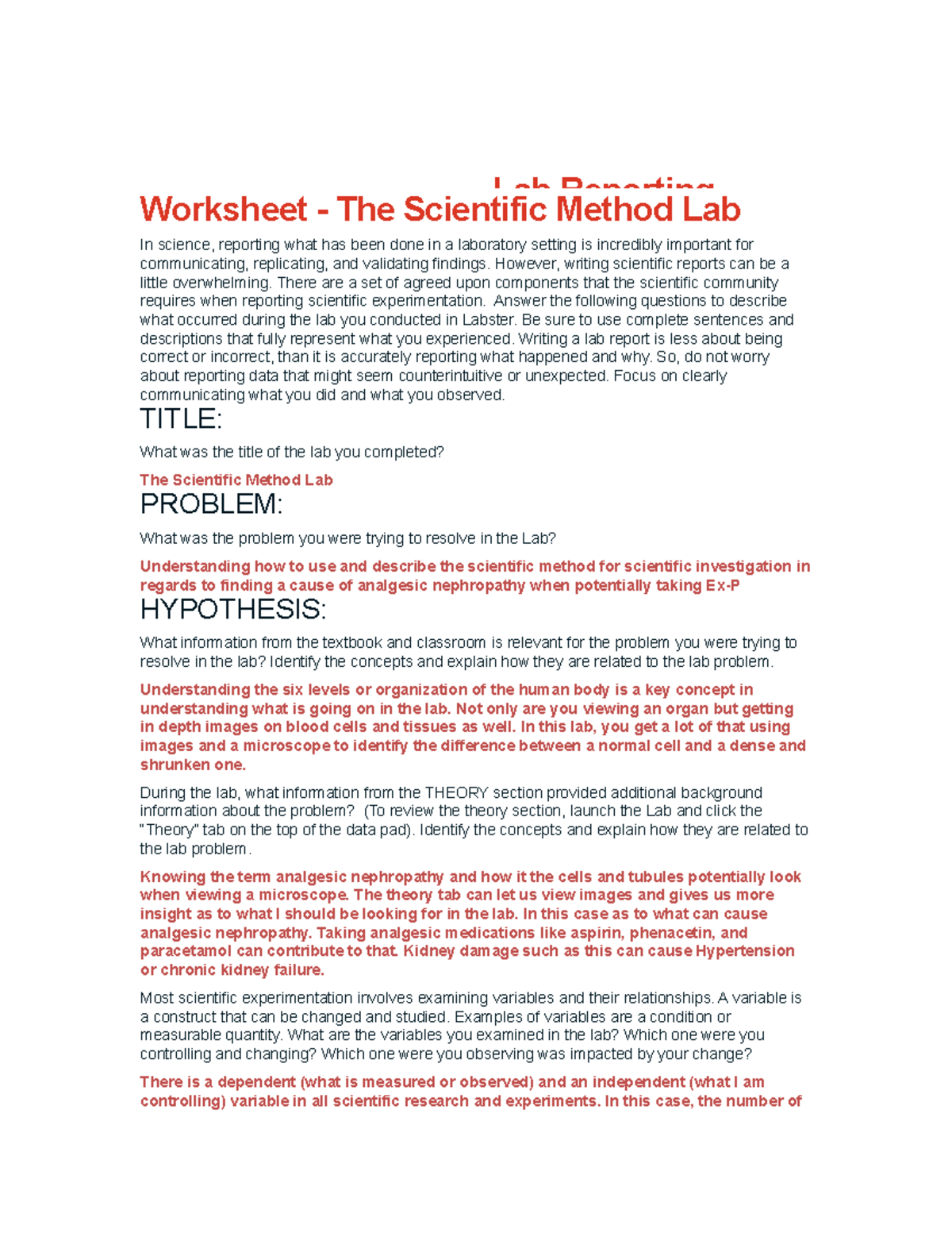 Scientific method lab report - Lab Reporting Worksheet - The Scientific ...