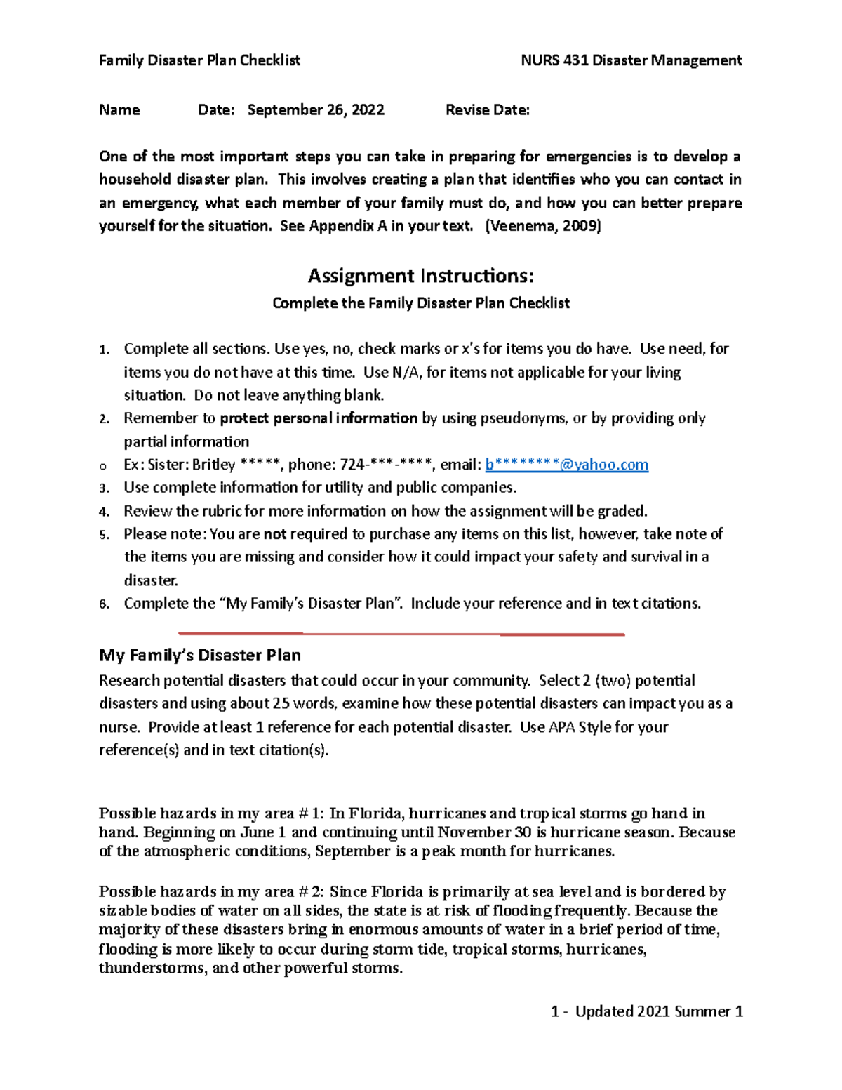 Family Disaster Plan Checklist - Name Date: September 26, 2022 Revise ...