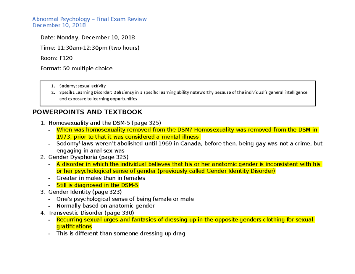 Final Exam Review 10 December 2018, questions and answers - Abnormal ...