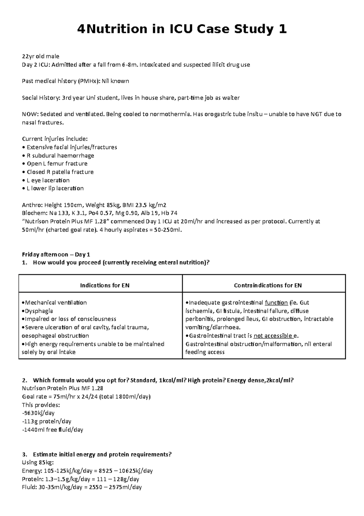 ICU Case Studies - Case Study - 4Nutrition in ICU Case Study 1 22yr old ...