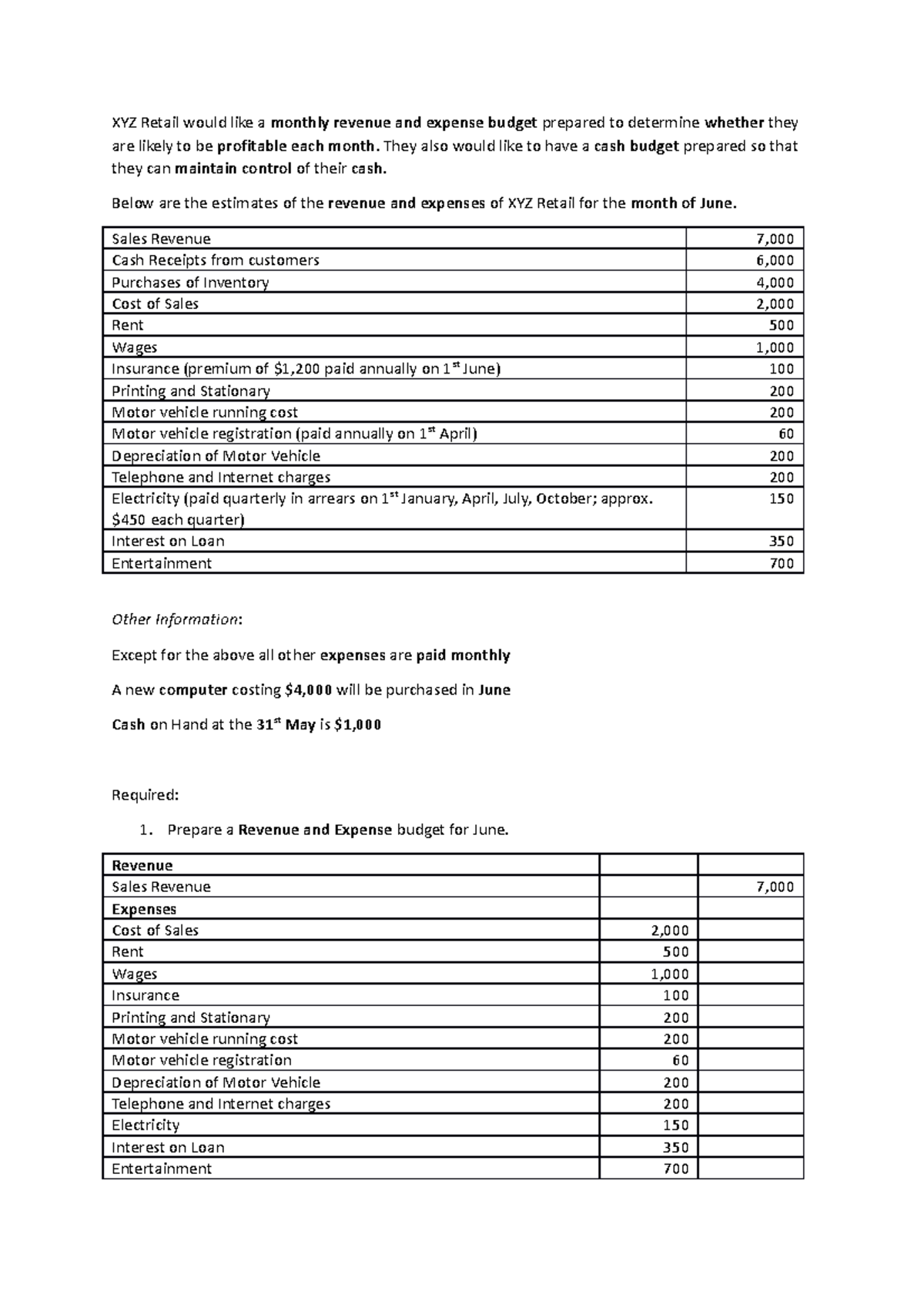 BSB 107 Lecture Example Week 1-1 - XYZ Retail would like a monthly ...