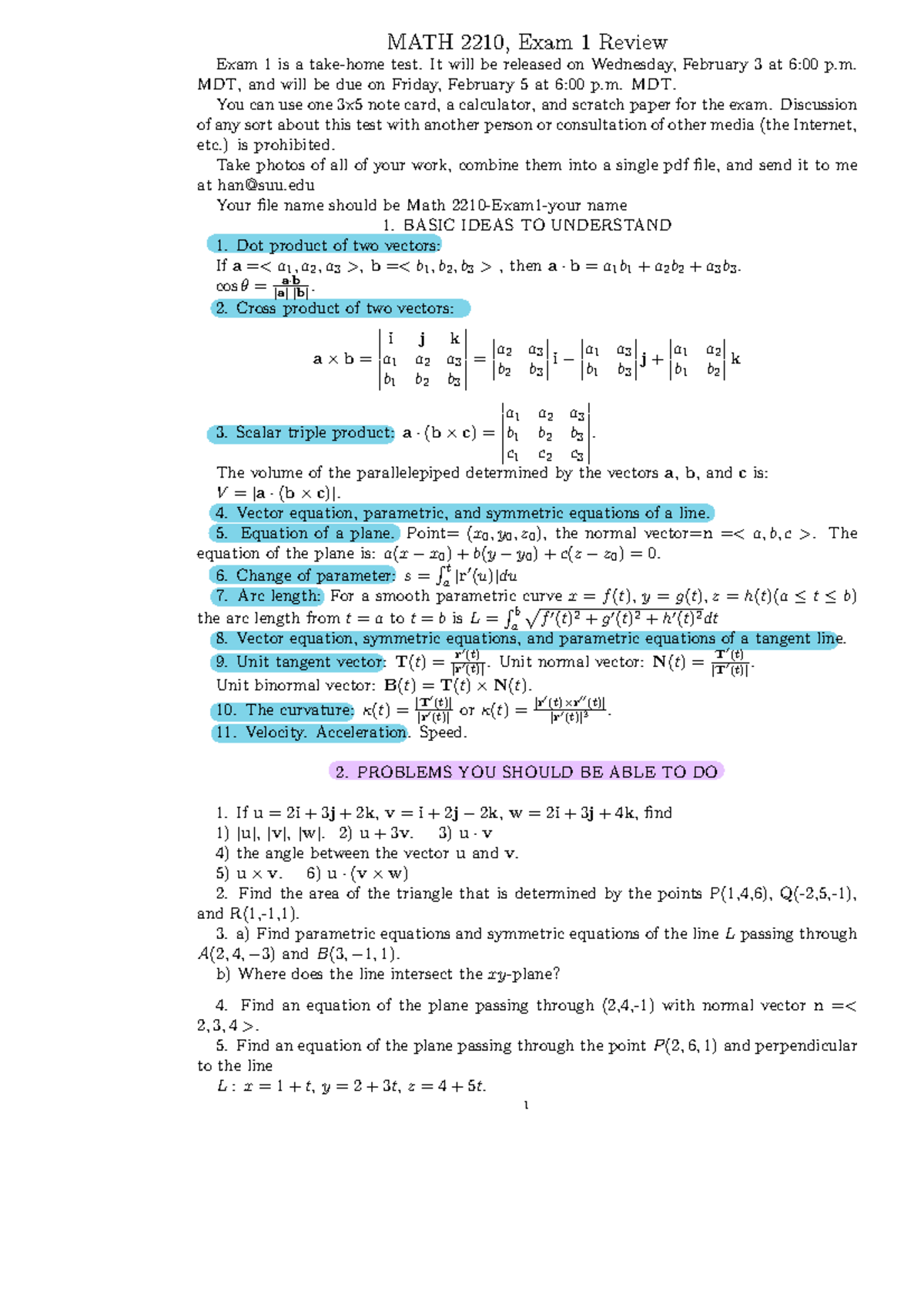 Math 2210 Exam1 Review - Prof. Han - MATH 2210, Exam 1 Review Exam 1 is ...
