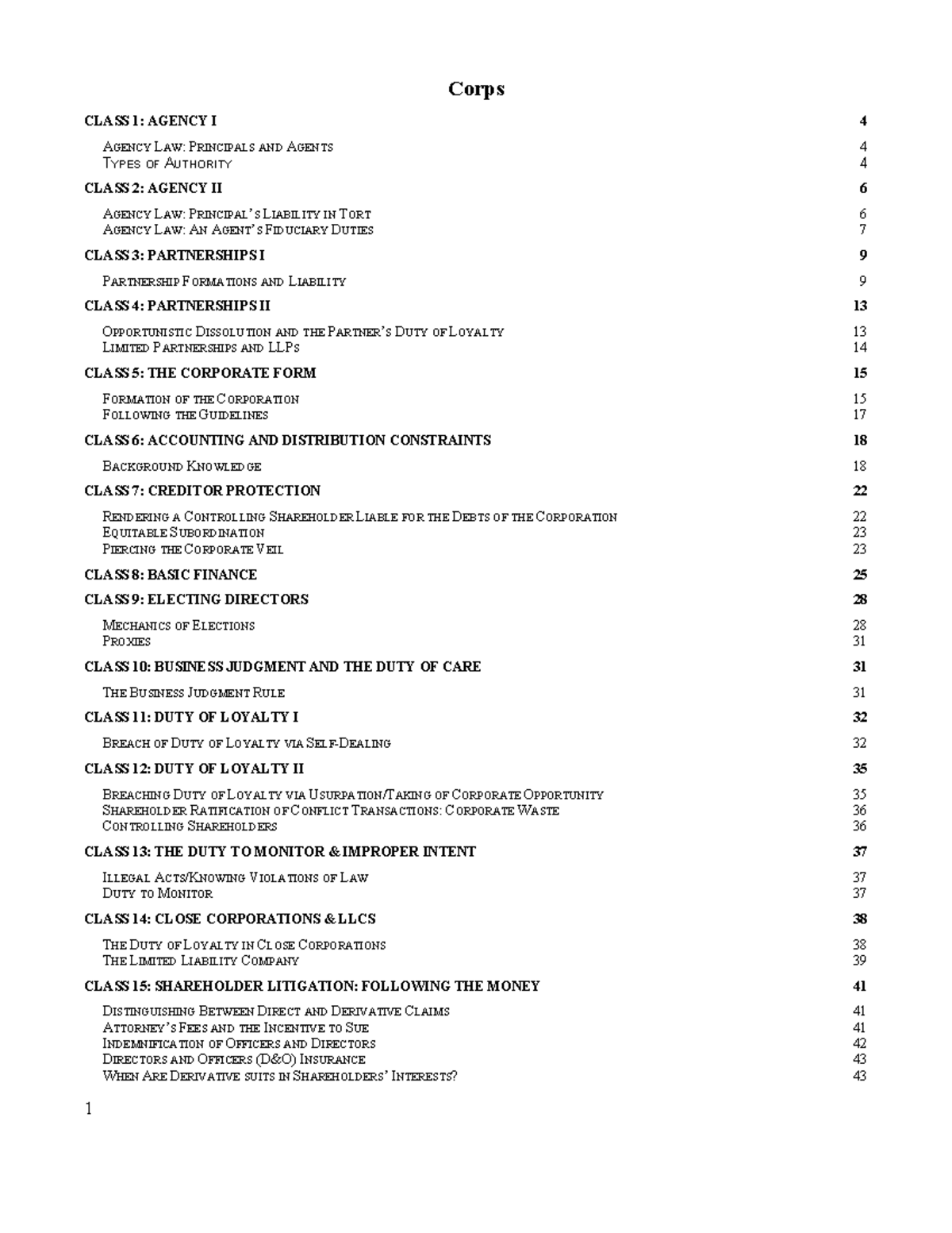 Corps Outline - Corps CLASS 1: AGENCY I AGENCY LAW: PRINCIPALS AND ...