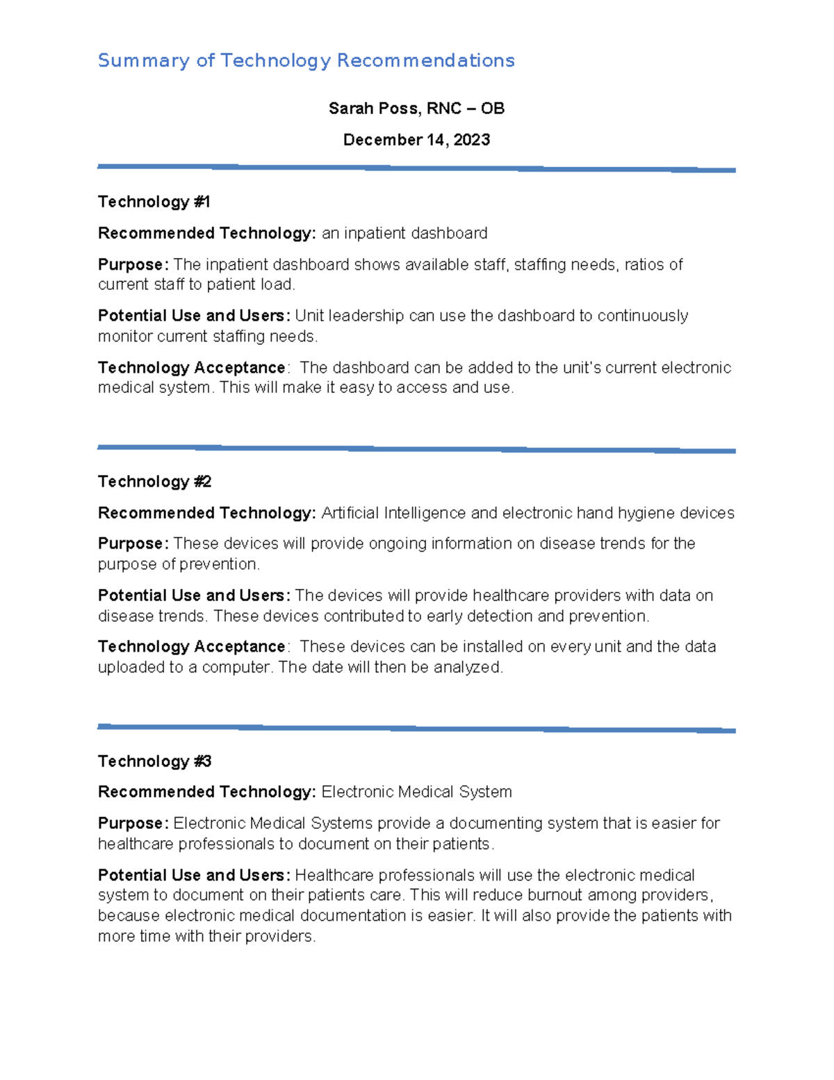 Technology Summary - Summary of Technology Recommendations Sarah Poss ...