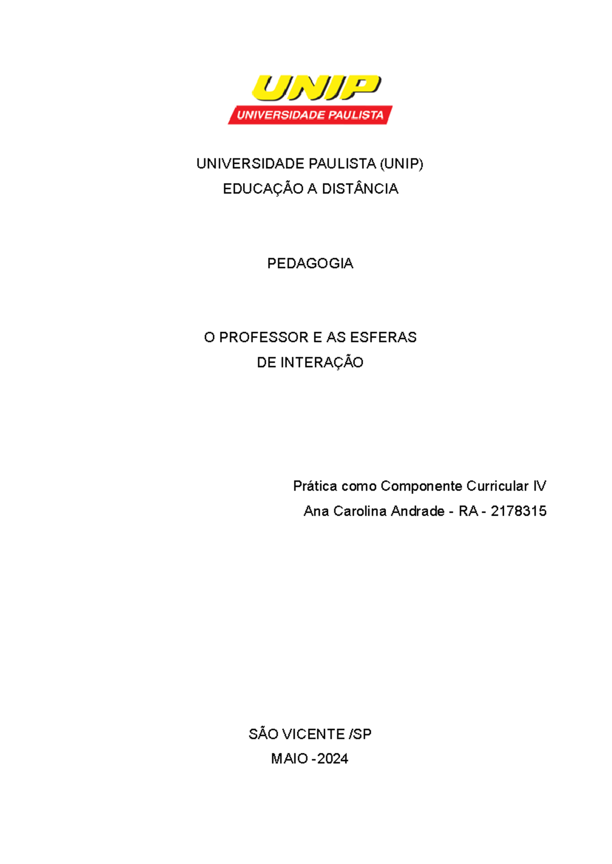 PCC 5 Serie - UNIVERSIDADE PAULISTA (UNIP) EDUCAÇÃO A DISTÂNCIA ...