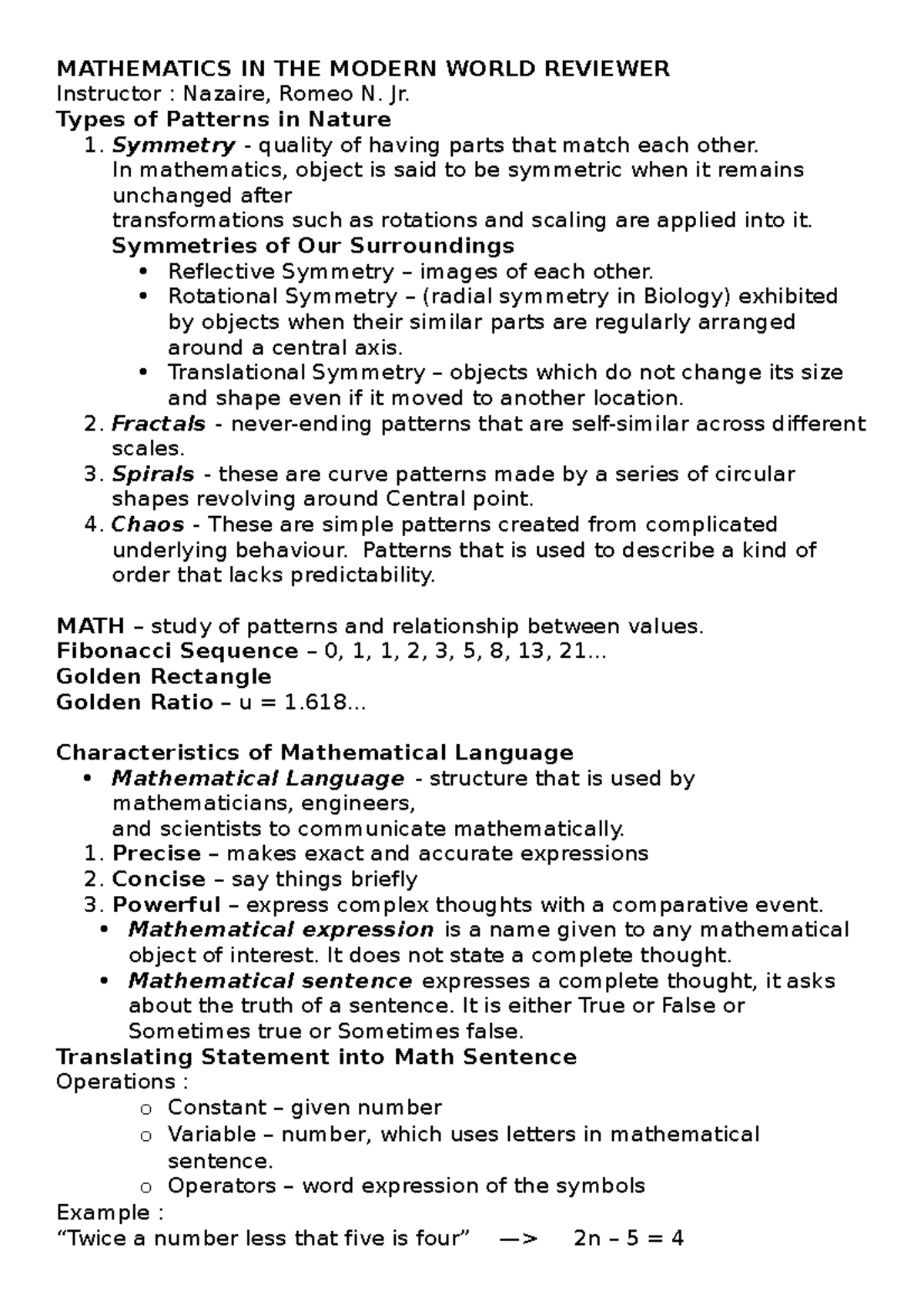MMW-Just simple notes Midnterm exam - MATHEMATICS IN THE MODERN WORLD ...