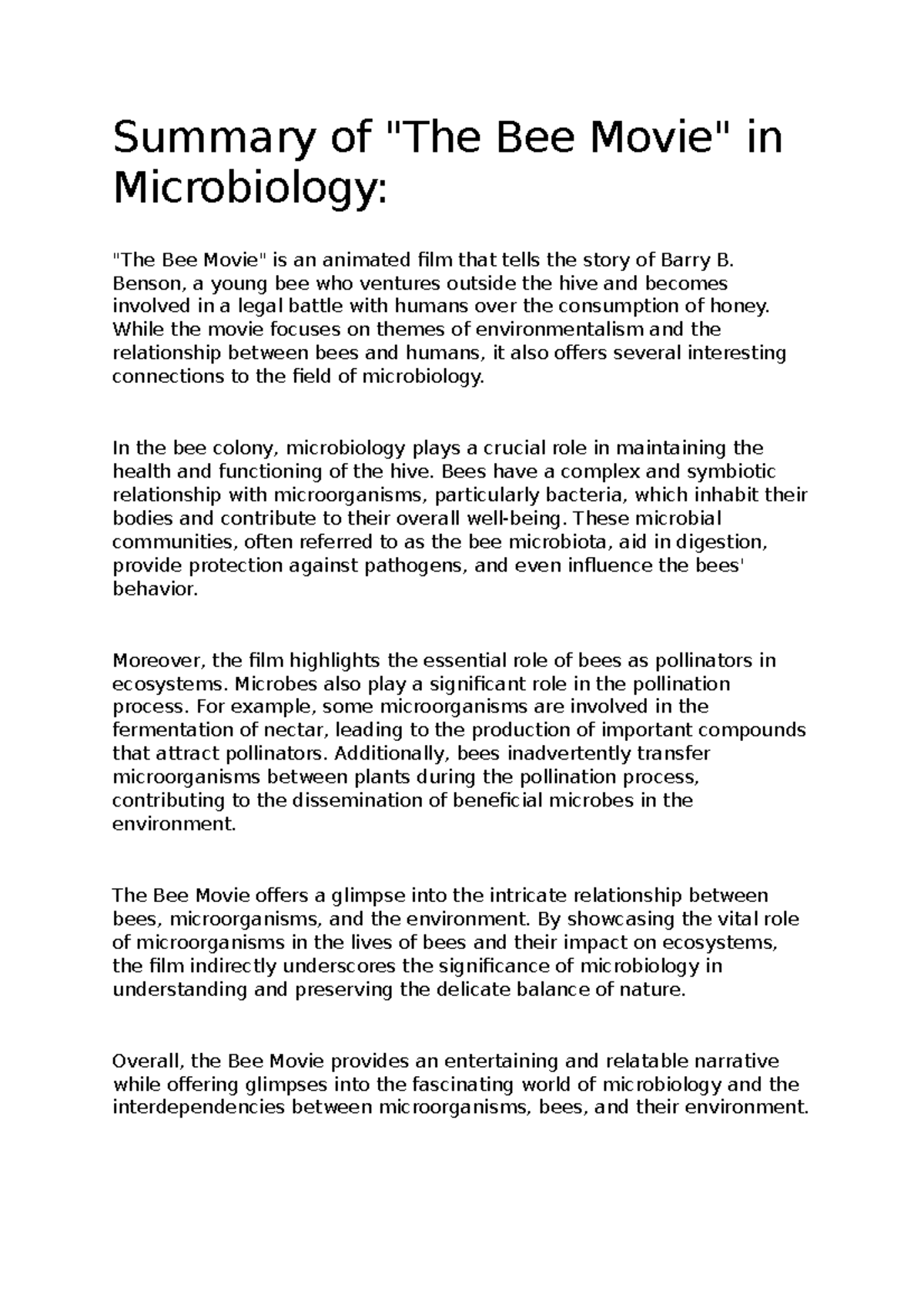 Summary of Bee microbiology - Summary of "The Bee Movie" in ...