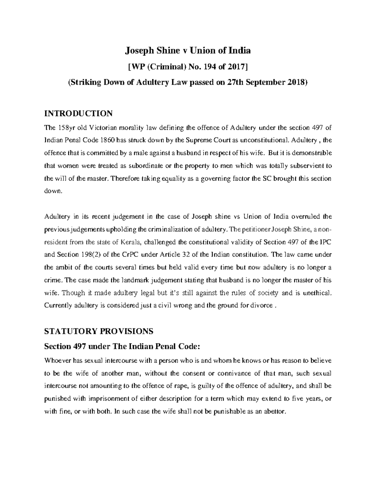 Case comment Adultery - case law - Joseph Shine v Union of India [WP ...