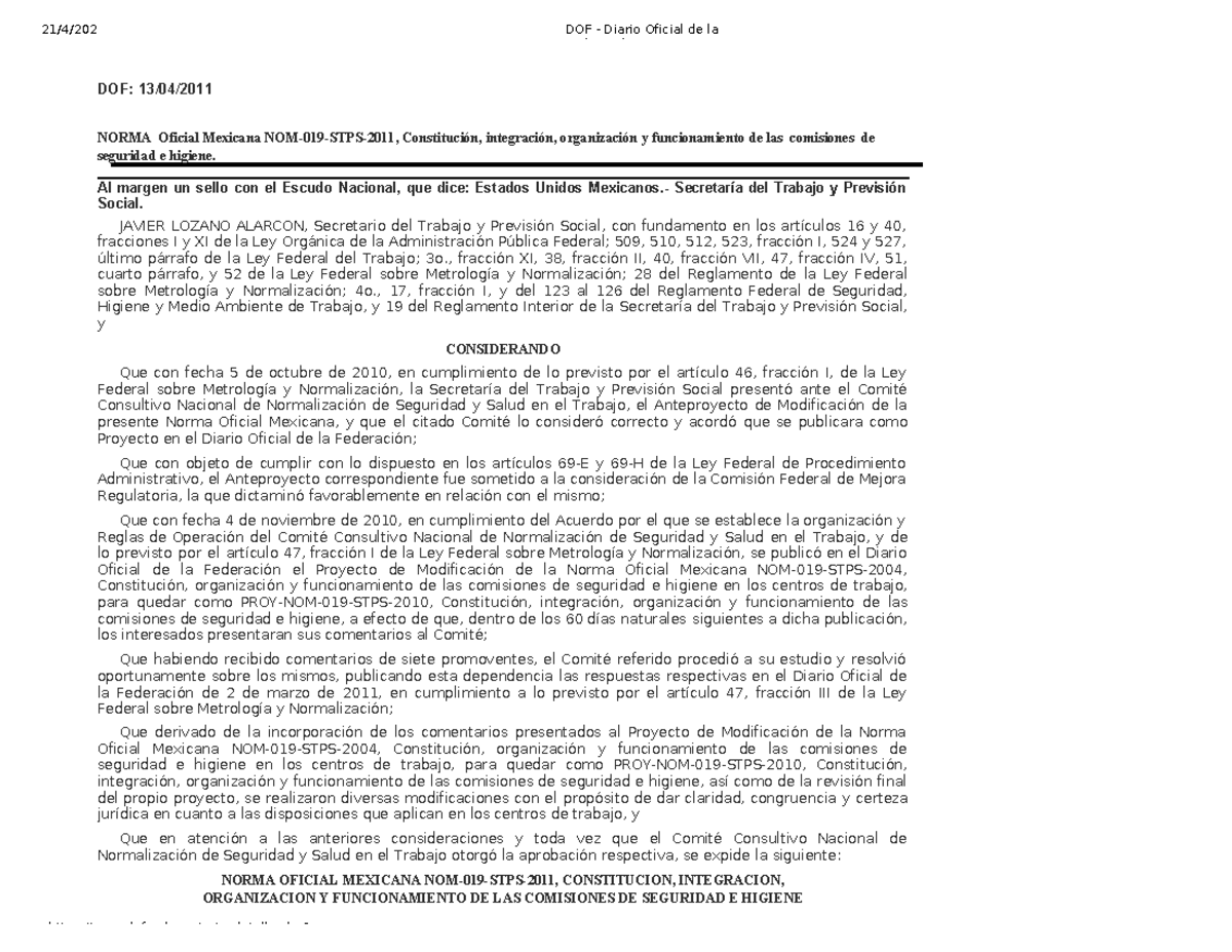 NOM 019 STPS 2011 - un wen apunte - 1 Federación dof.gob/nota_detalle ...