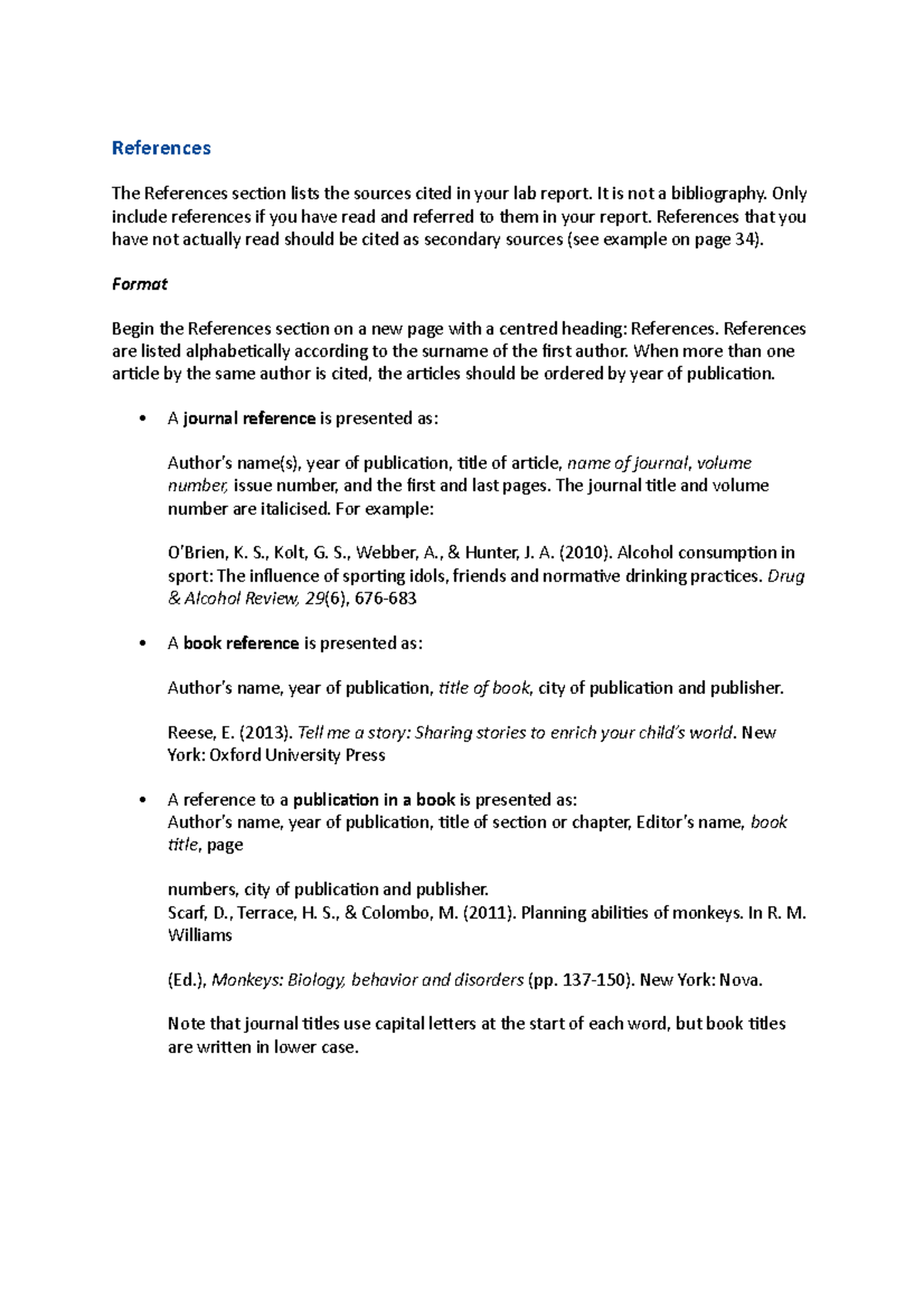 Reference guide apa6 - References The References section lists the ...