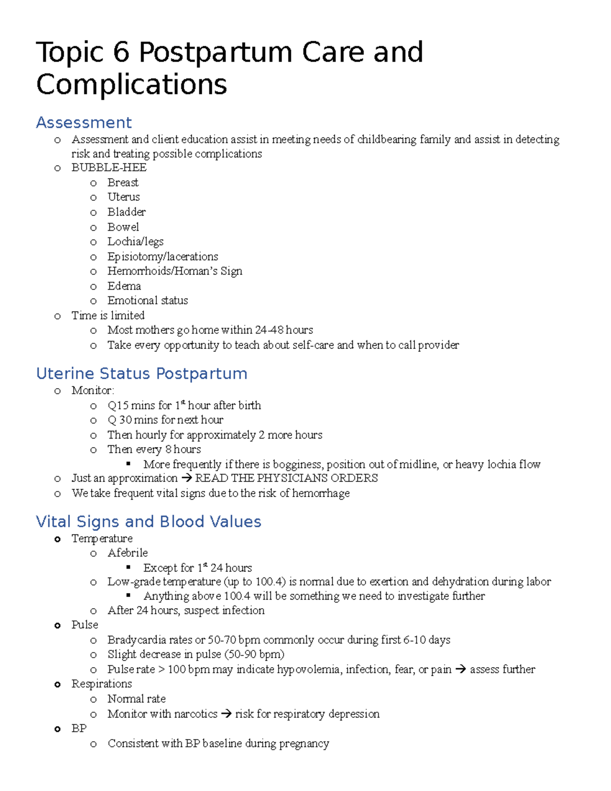 Unit 6 Postpartum Care and Complications - NUR 407 - SFA - Studocu