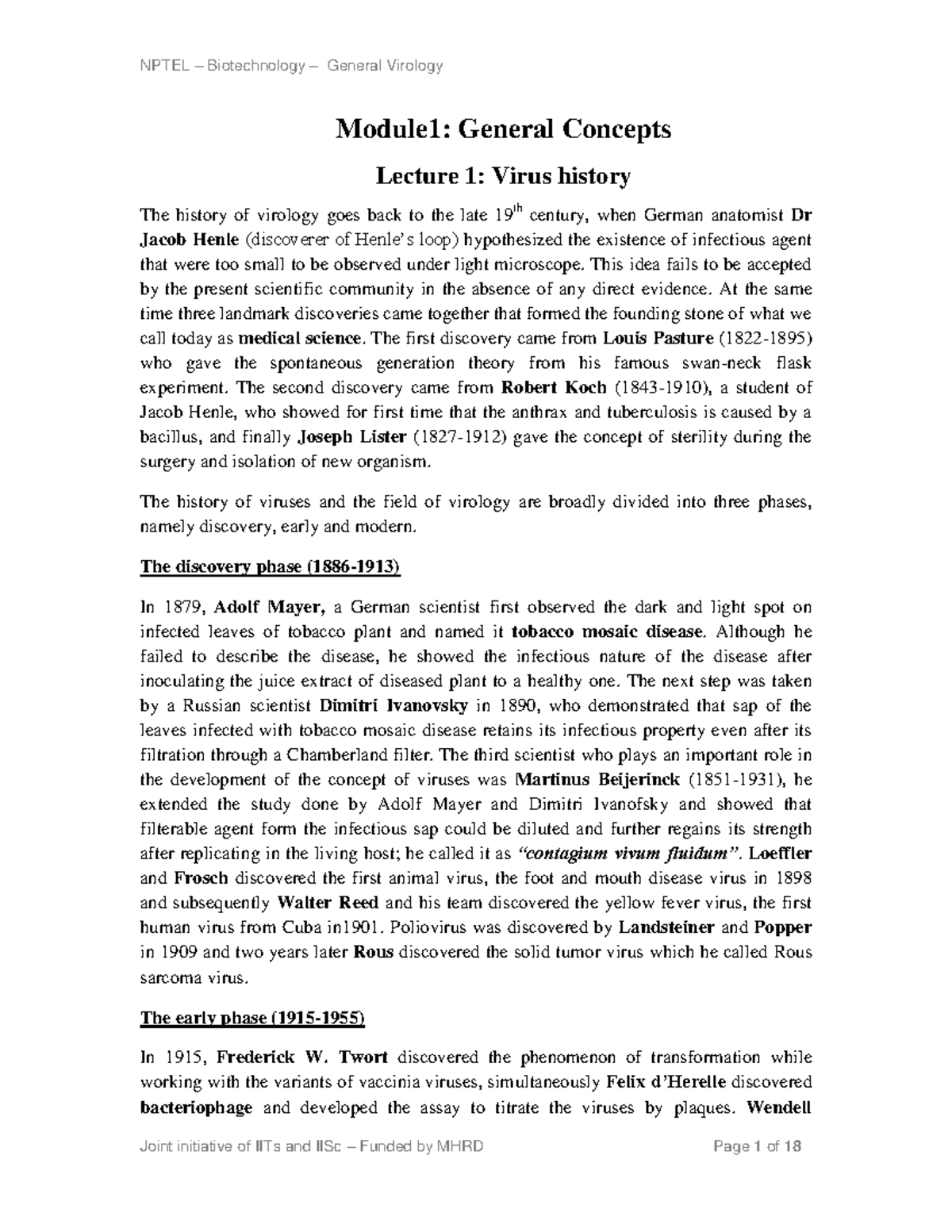 History and properties of virus - Module1: General Concepts Lecture 1: Virus history The history ...