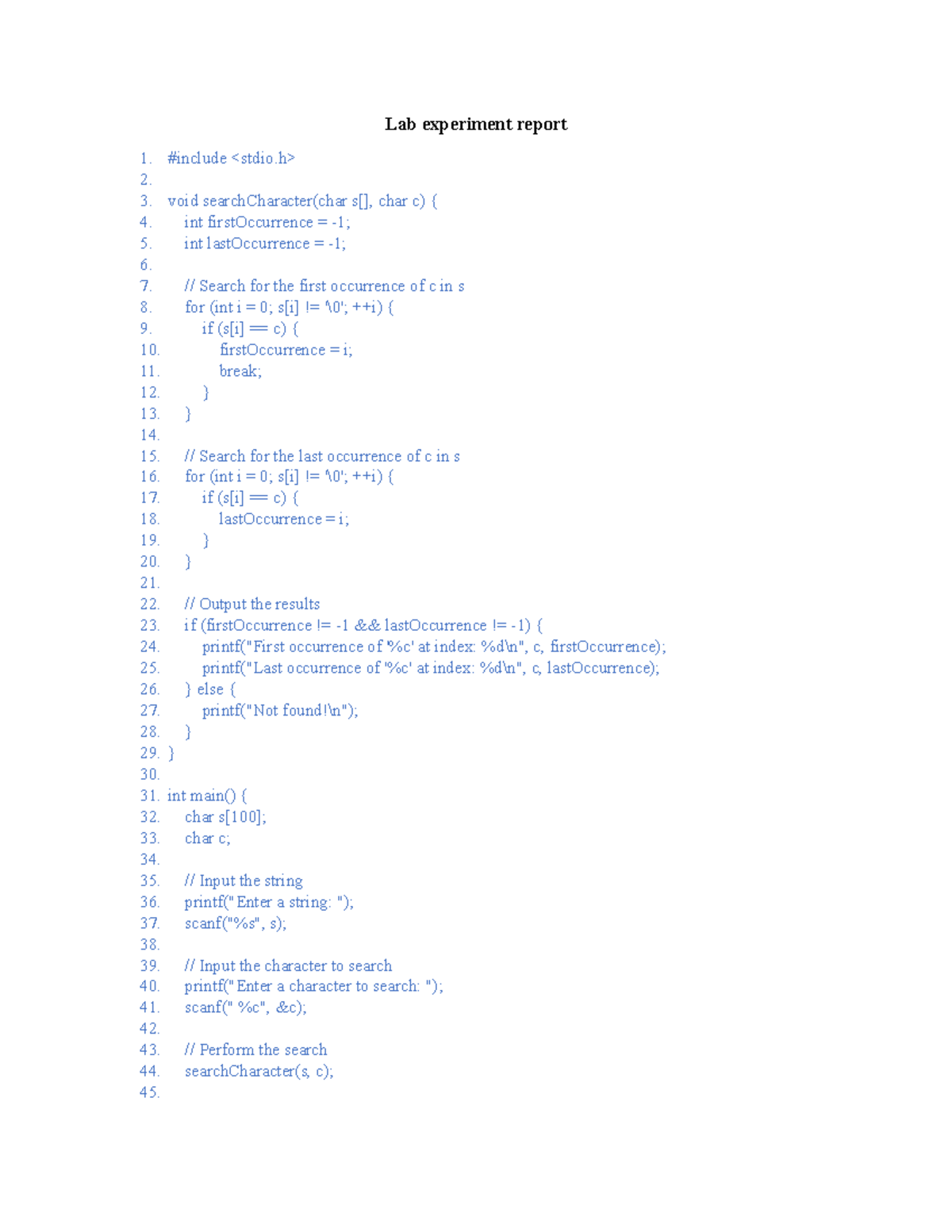 lab report programm - Lab experiment report #include void searchCharacter(char s[], - Studocu