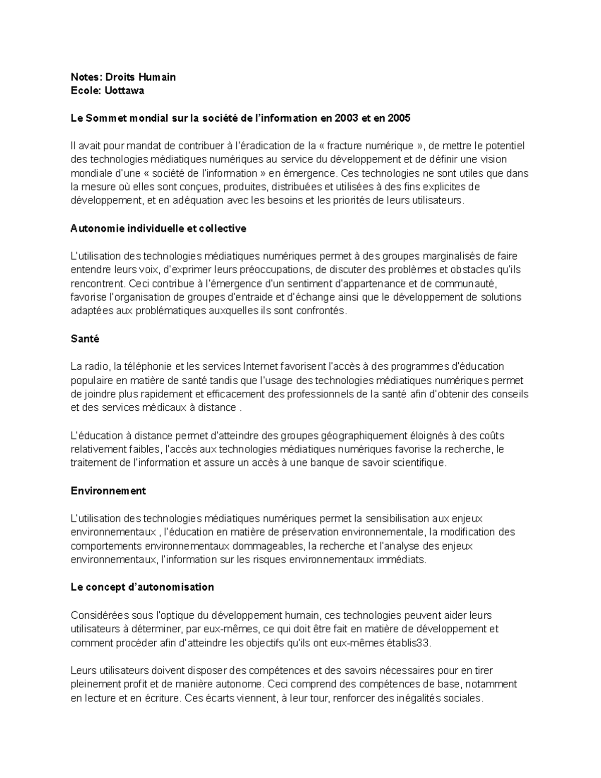 Droits humain 8 - Notes - Notes: Droits Humain Ecole: Uottawa Le Sommet ...