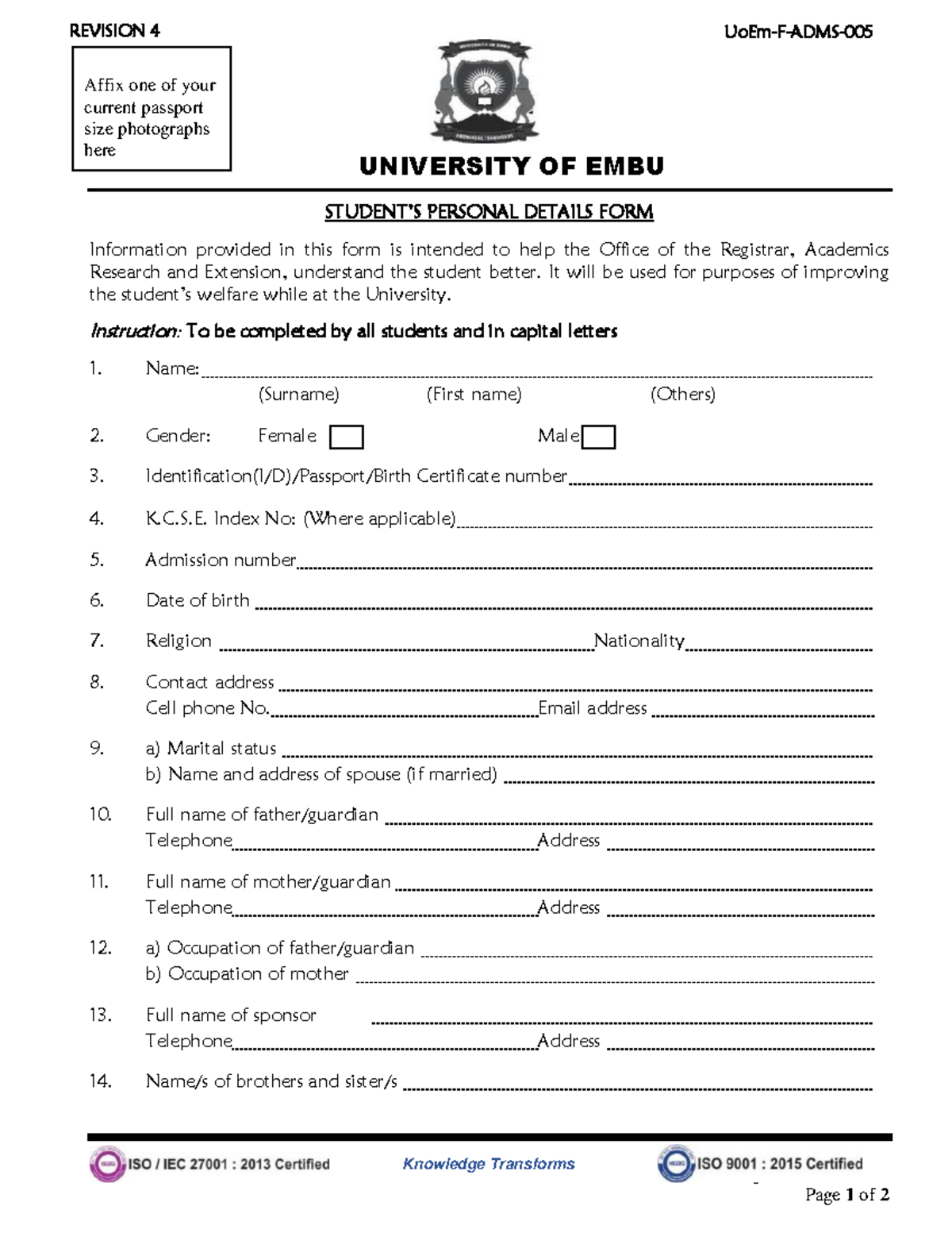 Form 005 Students Personal Details Form - Page 1 of 2 Page 1 of 2 ...