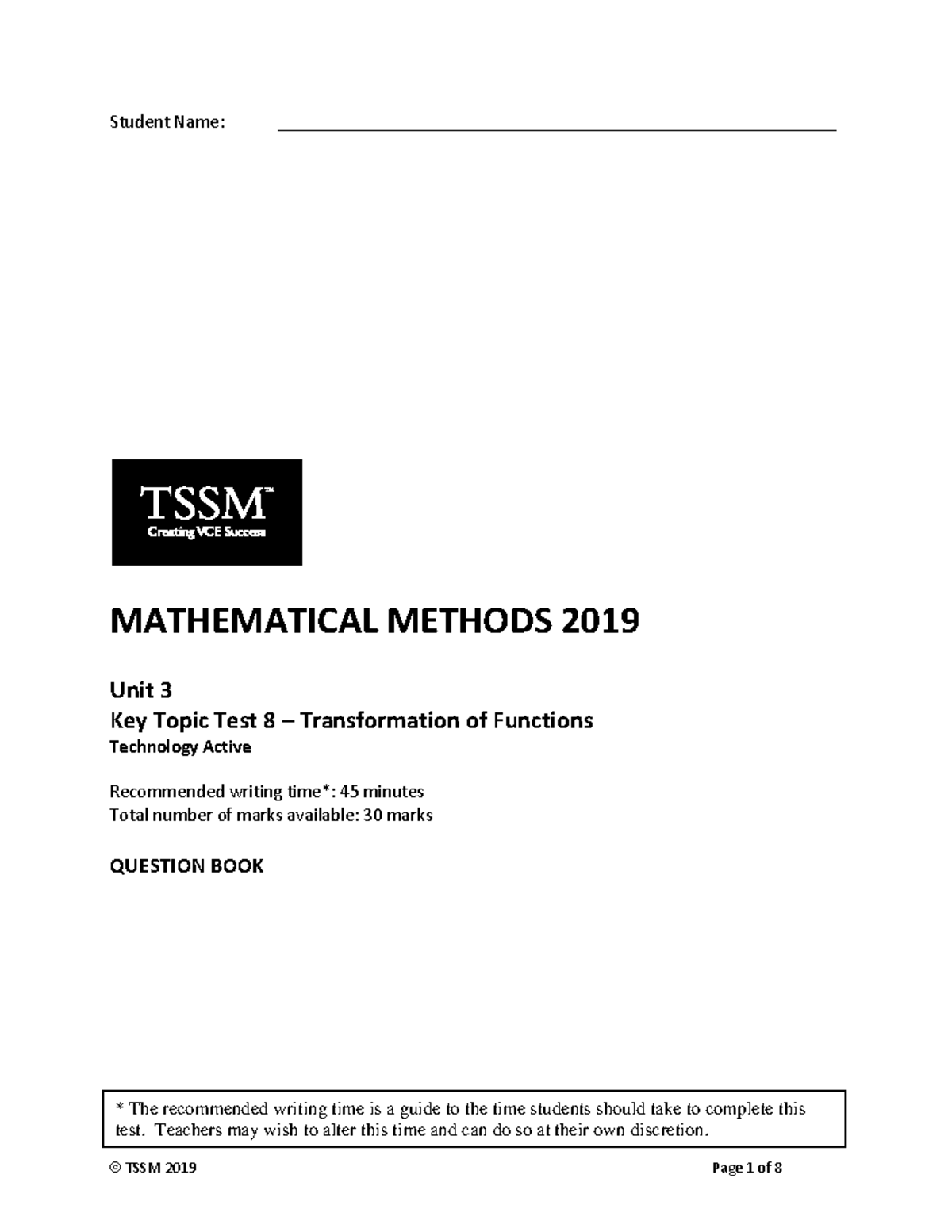 Math Method Transformations of Functions - Question Book - Student Name ...