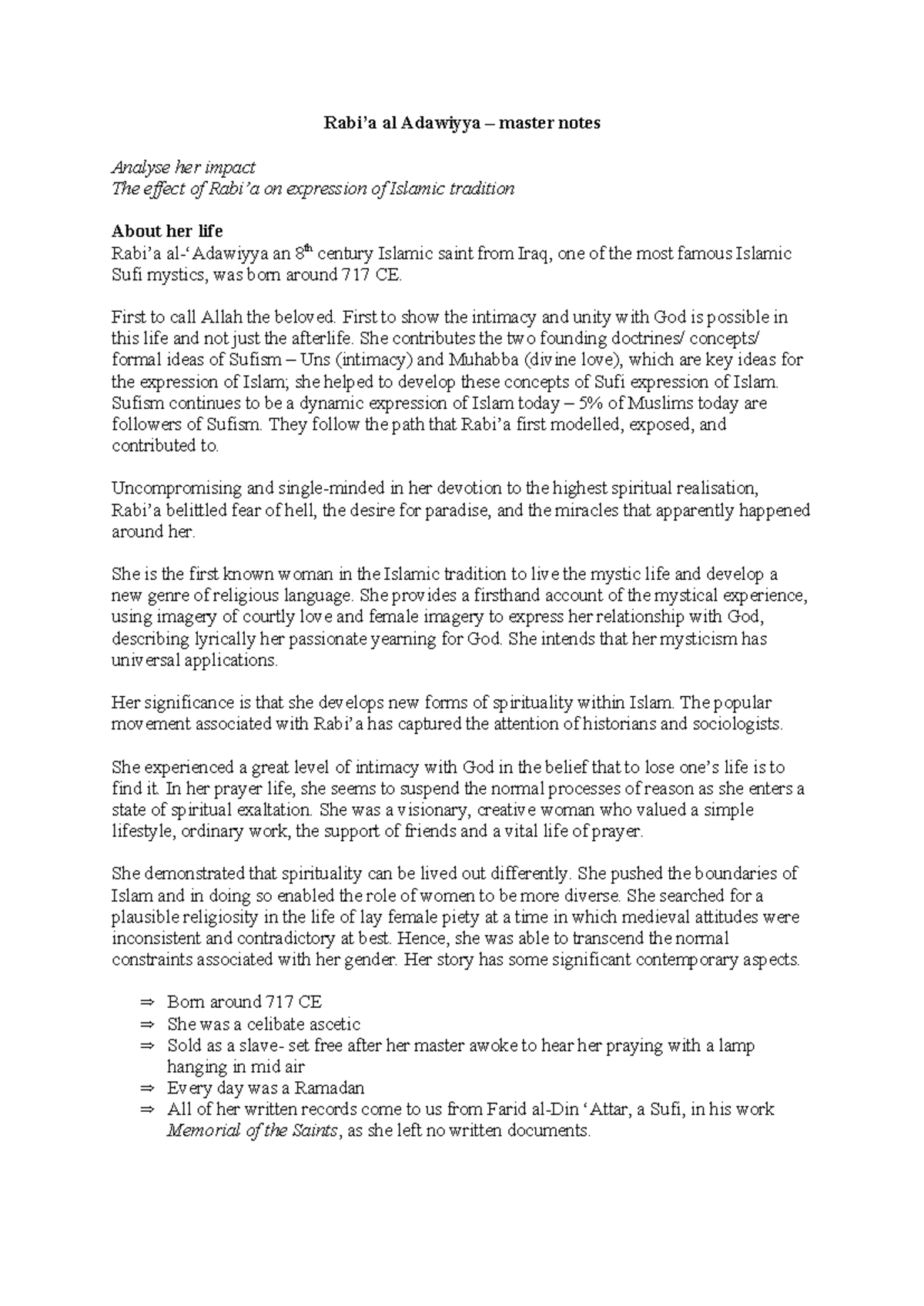 Rabi'a master notes - Rabi’a al Adawiyya – master notes Analyse her ...