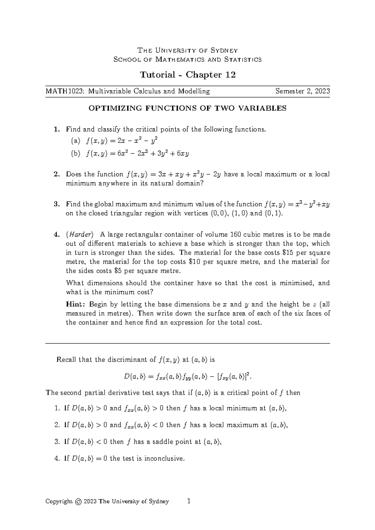 Tutorial Chapter 12 - tut 12 notes - The University of Sydney School of ...