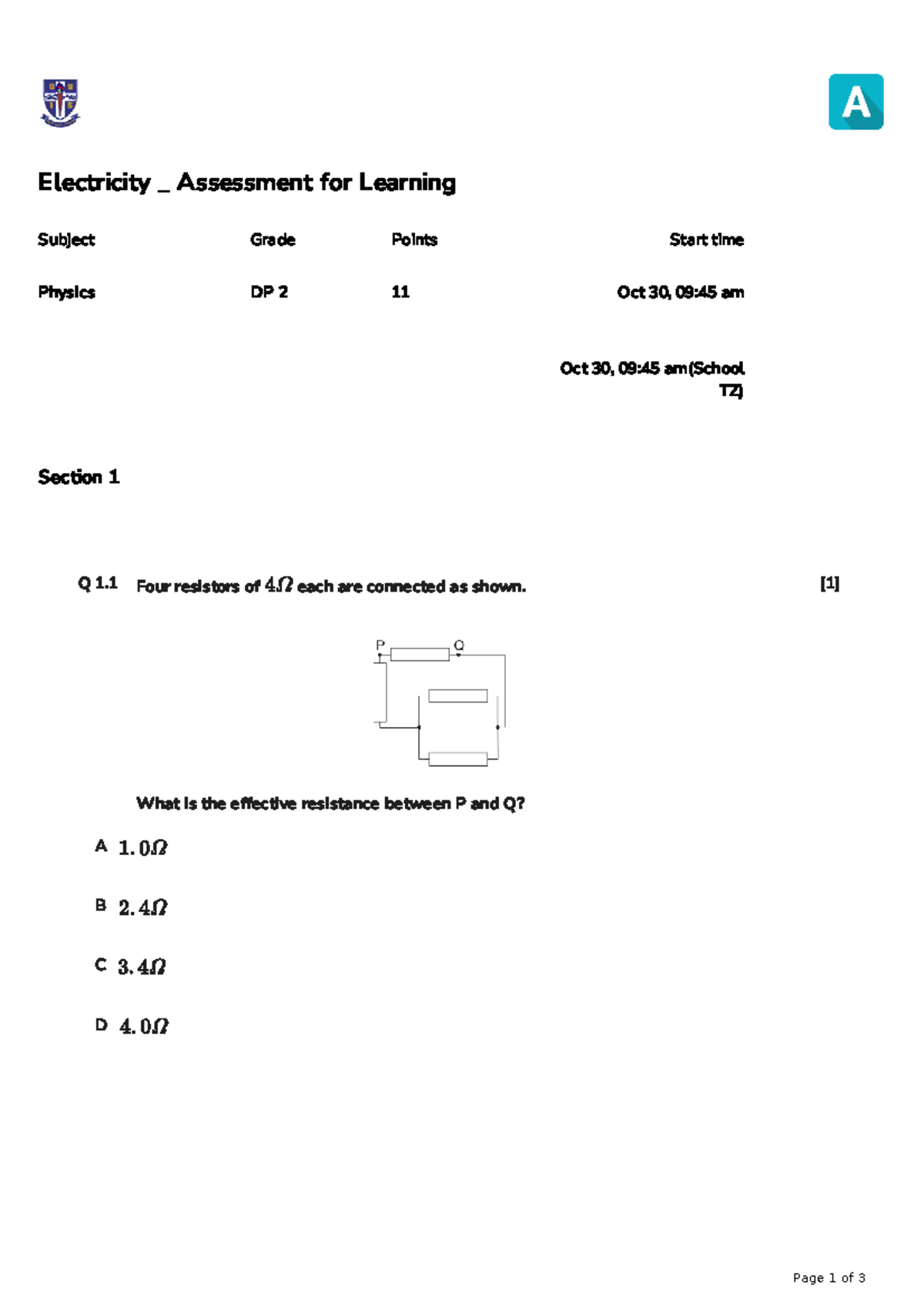 Electricity Assessment for Learning 9HPTD9 - Page 1 of 3 Electricity ...