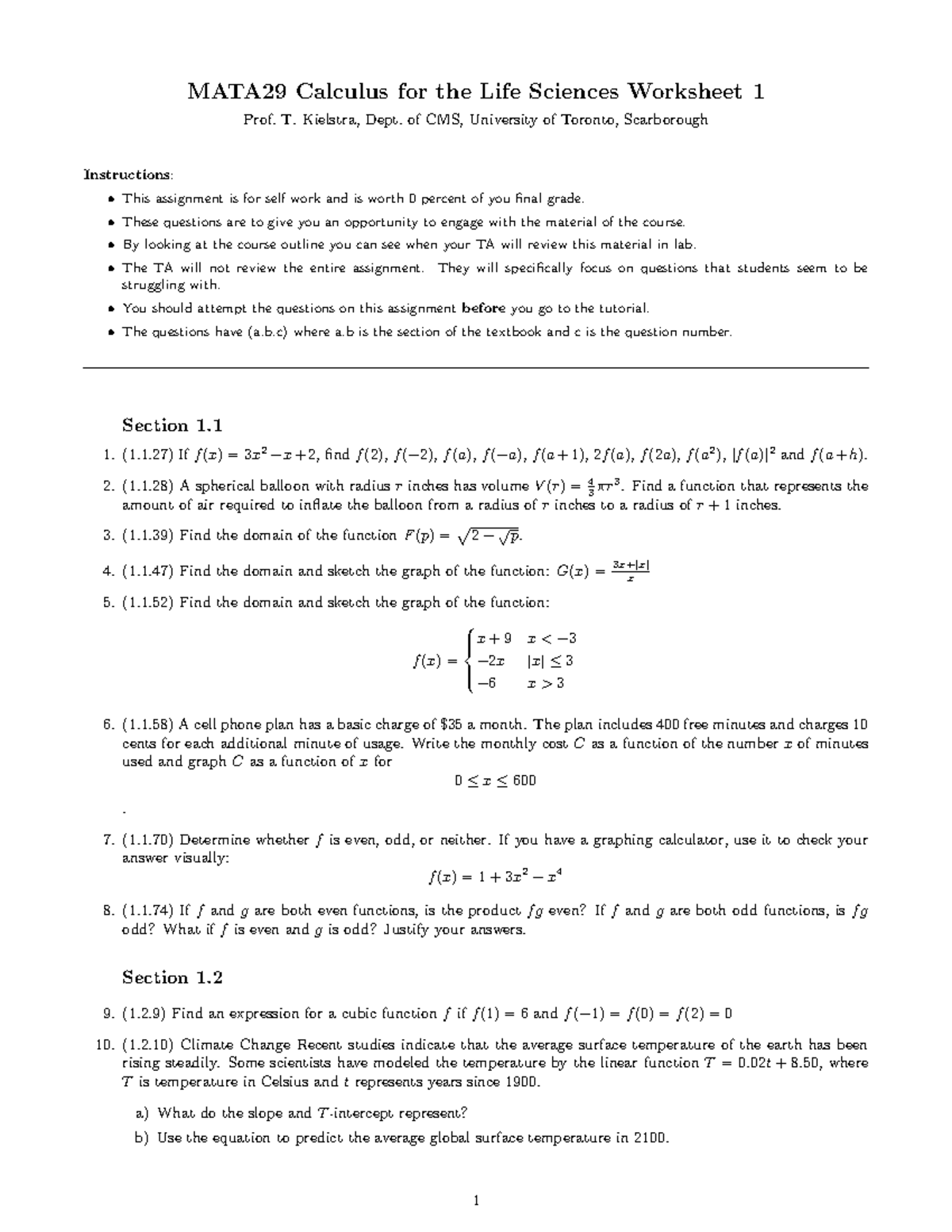 Worksheet 1 - MATA29 Calculus for the Life Sciences Worksheet 1 Prof. T ...