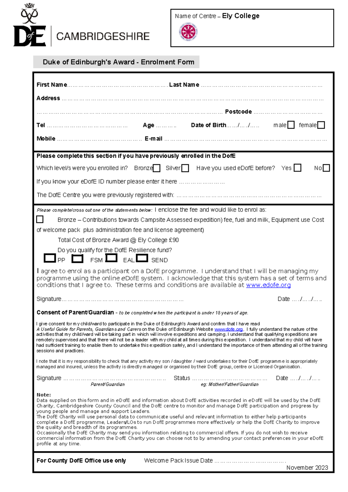 Dof E enrolment form - Nov 2023 - First Name