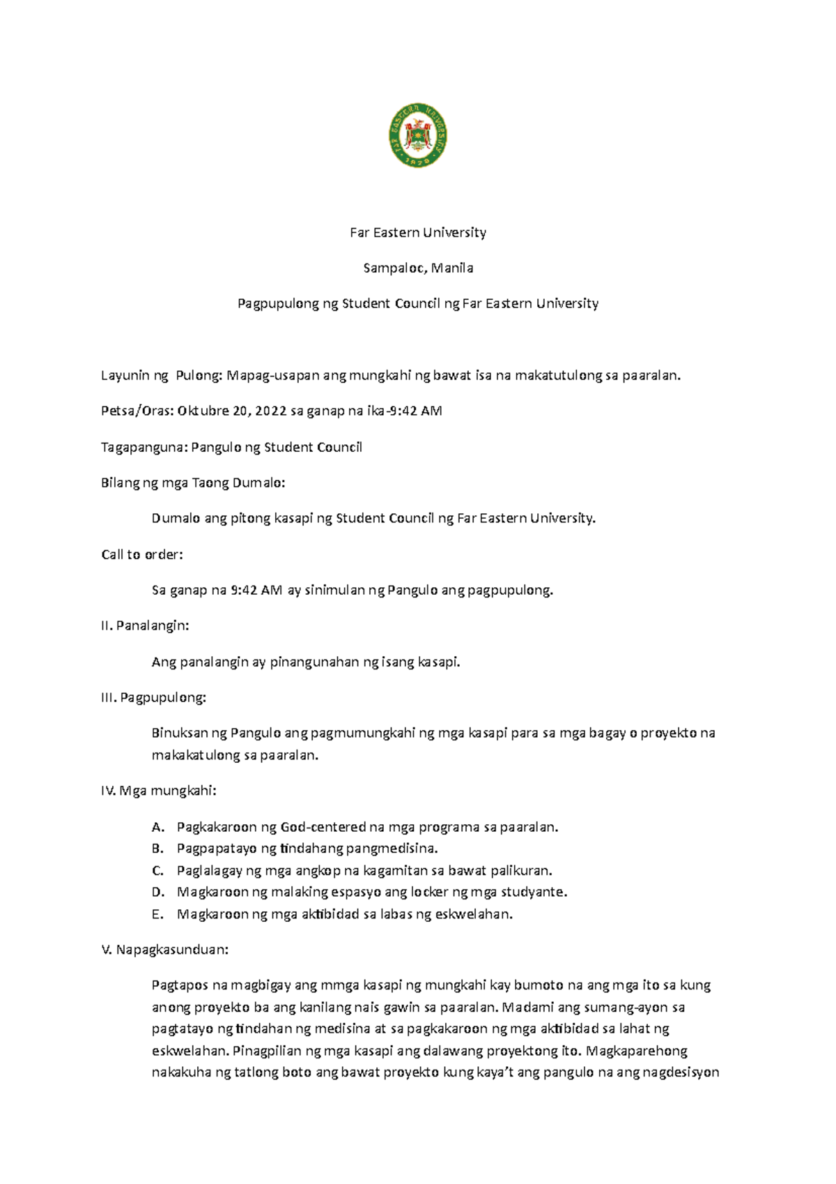 Katitikan ng Pulong - Lesson in Filipino sa Piling Larang - Far Eastern ...