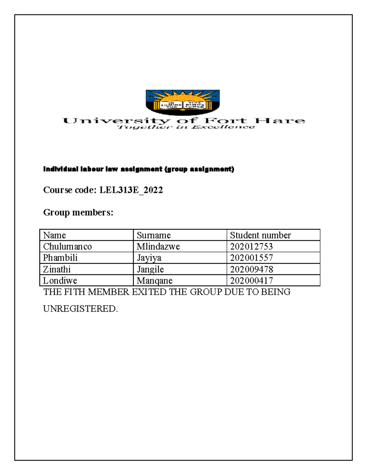 Individual labour law group assignment - LEC 222E - UFH - Studocu