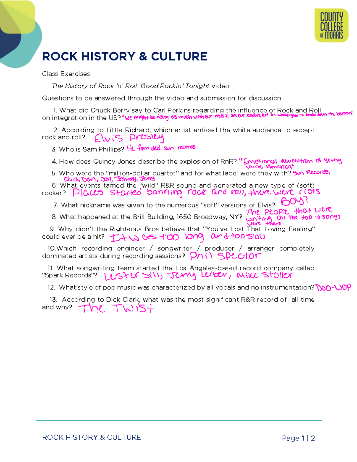 Good Rockin Tonight Worksheet - ROCK HISTORY & CULTURE Page 1 | 2 ROCK ...
