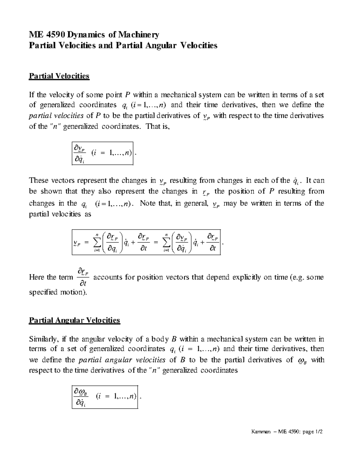 ME459Partial Velocities - Kamman – ME 4590: page 1/ ME 4590 Dynamics of Machinery Partial ...