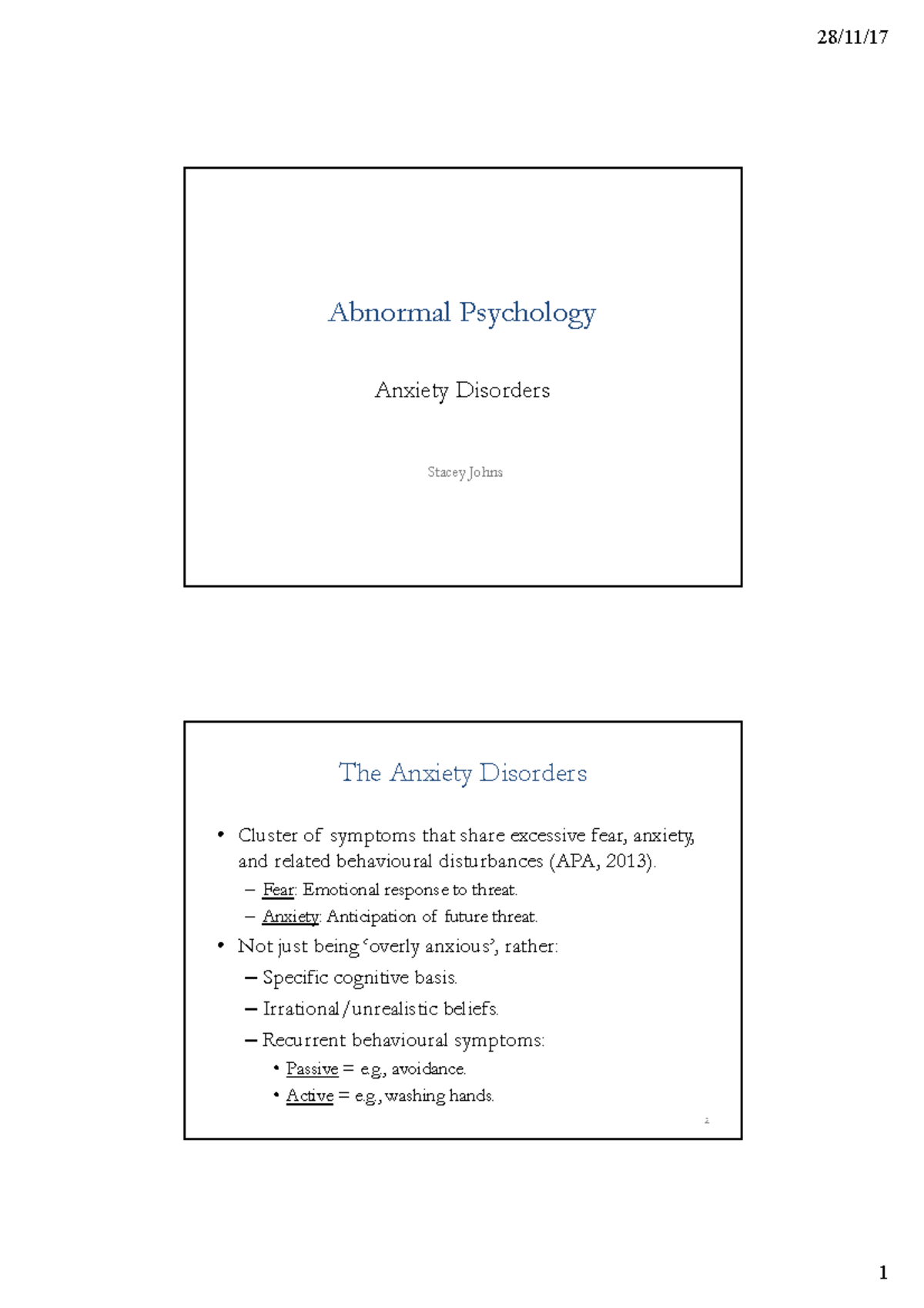 Week 2(b) - Anxiety Disorders - Abnormal Psychology Anxiety Disorders ...