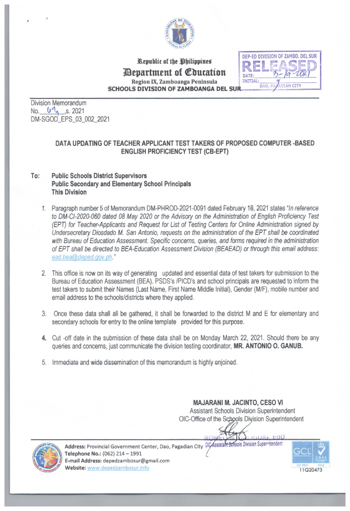 DM NO. 69 S. 2021 - Ept - Bachelor of elementary education - Studocu