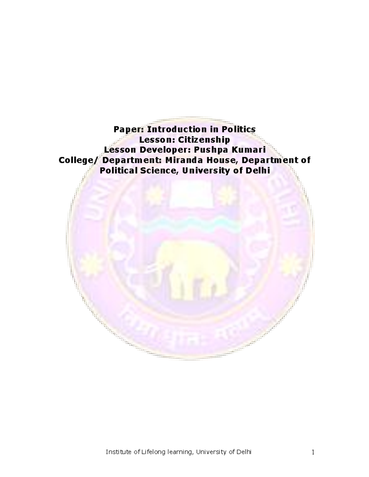 Citizenship - Lecture notes 1 - Paper: Introduction in Politics Lesson ...
