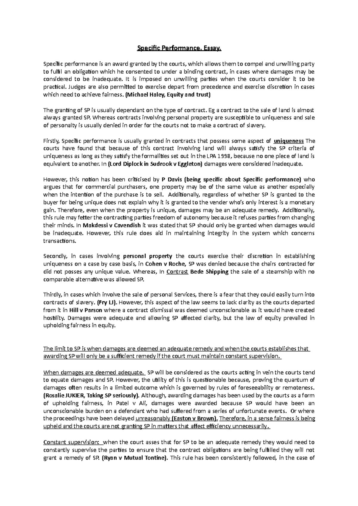 Specific Performance - Essay. Specific performance is an award granted ...