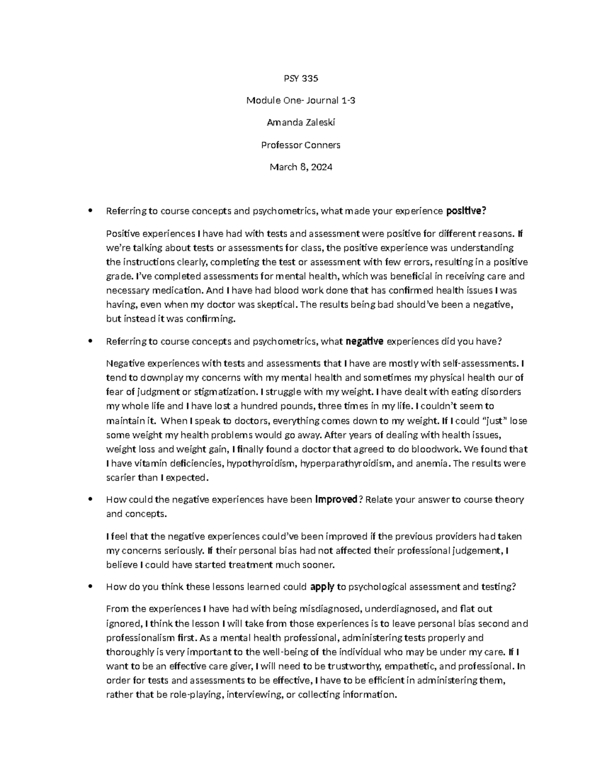 PSY 335 journal 1 - PSY 335 Module One- Journal 1- Amanda Zaleski ...
