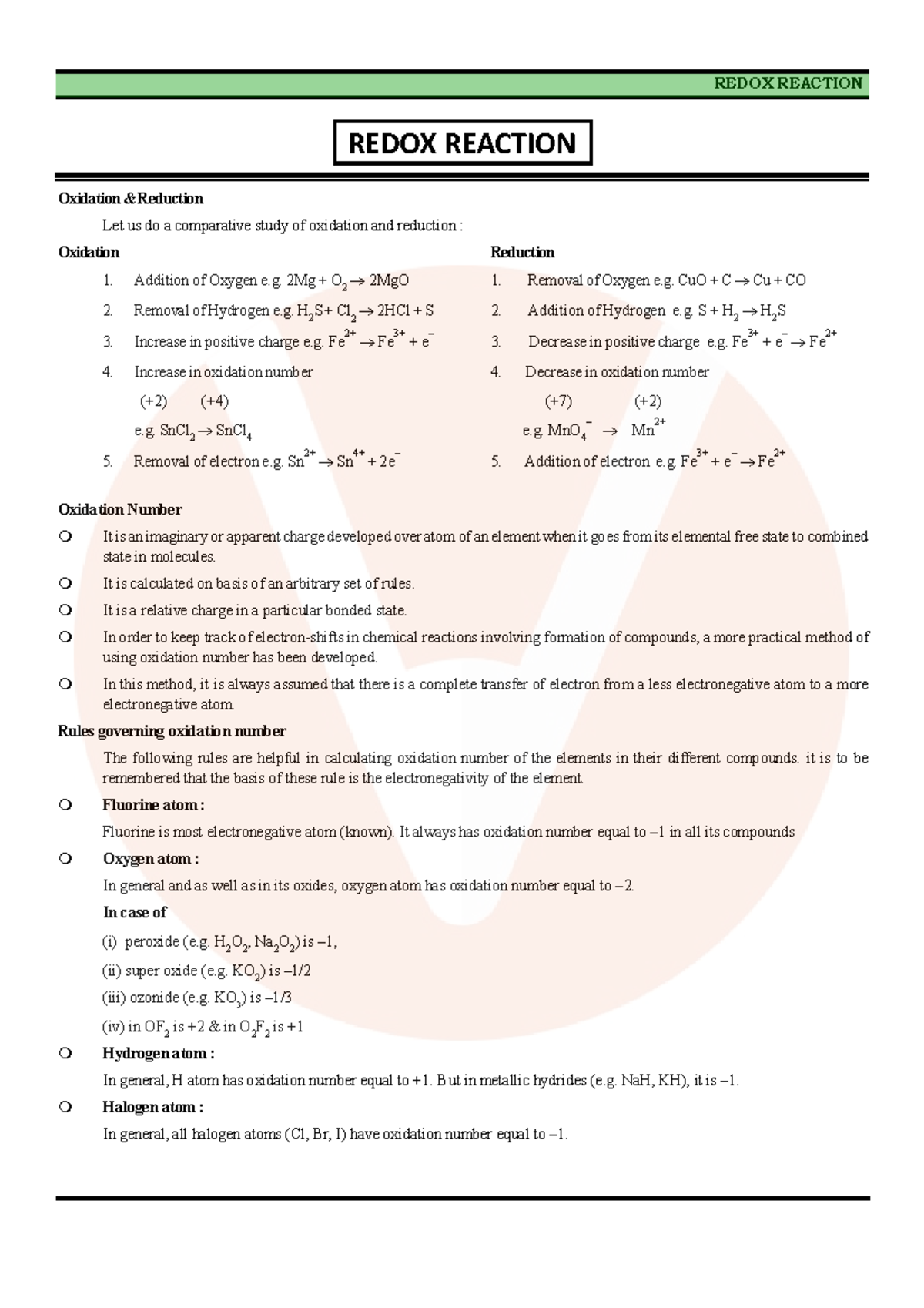 Chemistry Revision Notes Redox Reactions - - Studocu